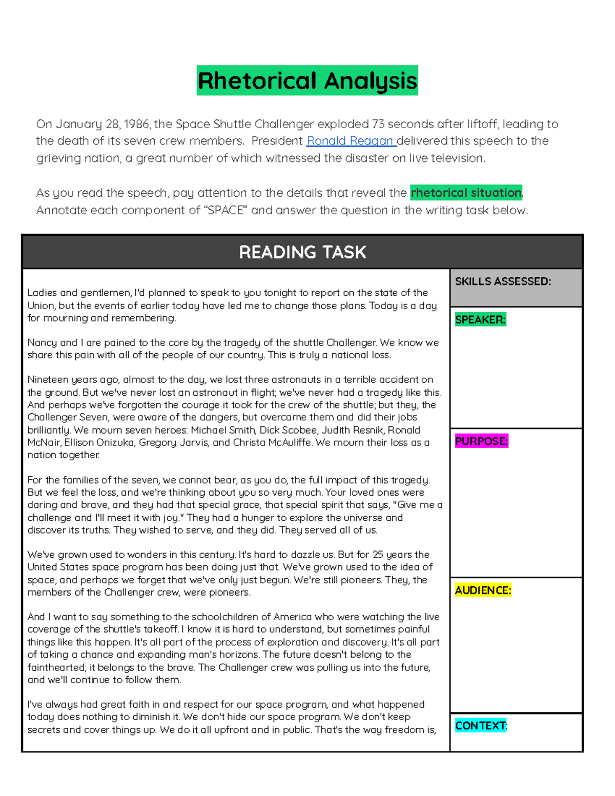 Copy of Reagan Challenger Speech - Rhetorical Analysis On January 28 ...