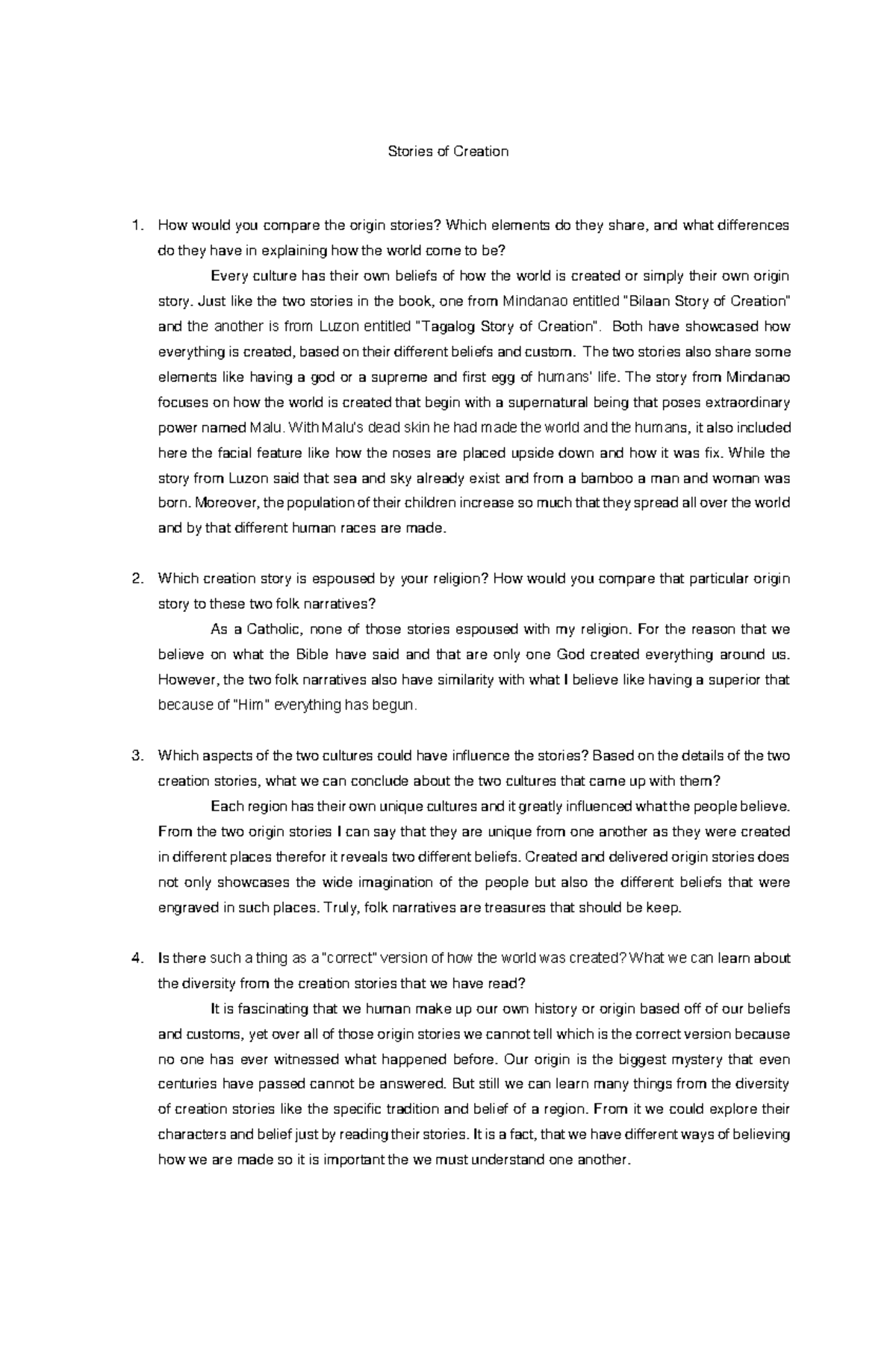 Toaz - It will help Students. - Stories of Creation How would you ...