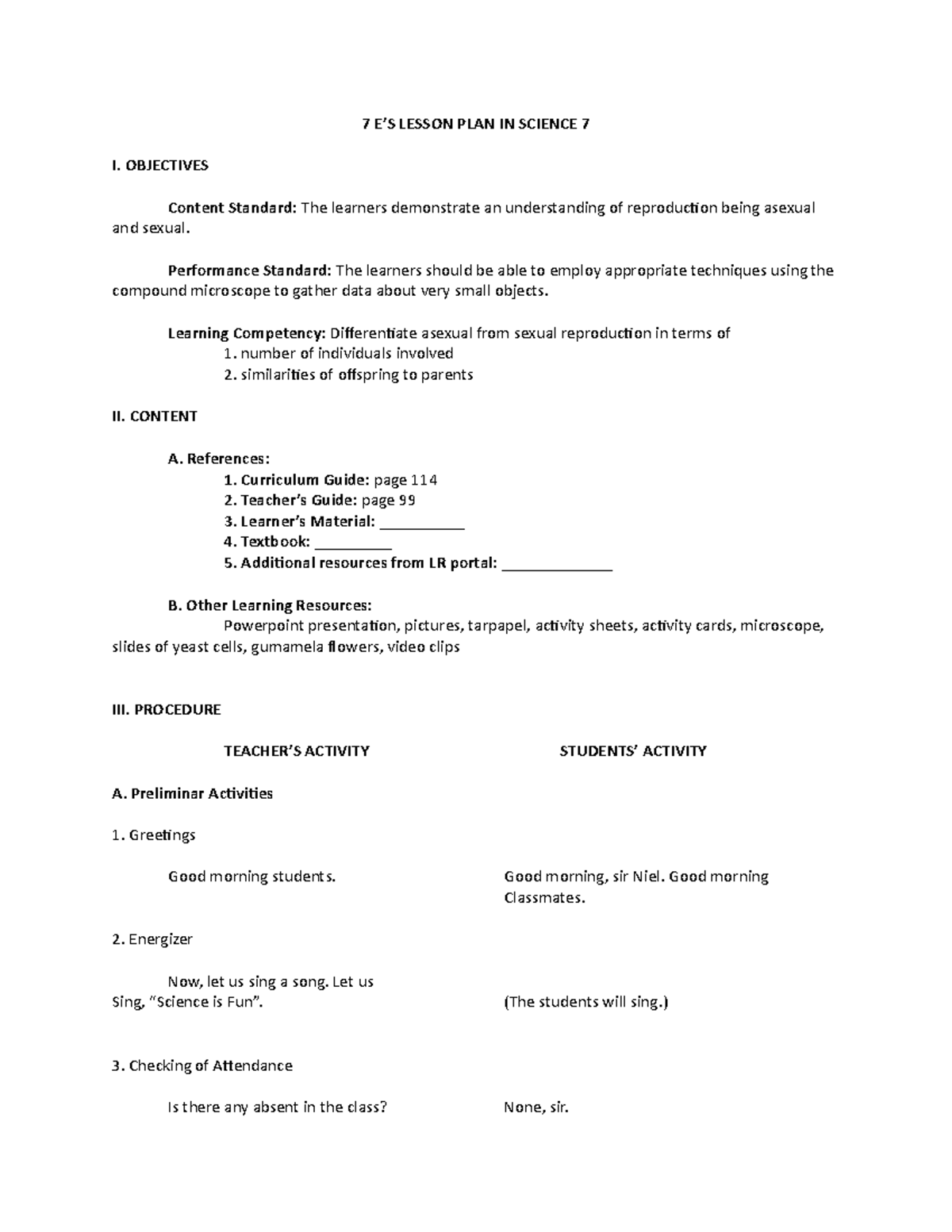 Detailed Lesson Plan in Science 7 - 7 E’S LESSON PLAN IN SCIENCE 7 I ...