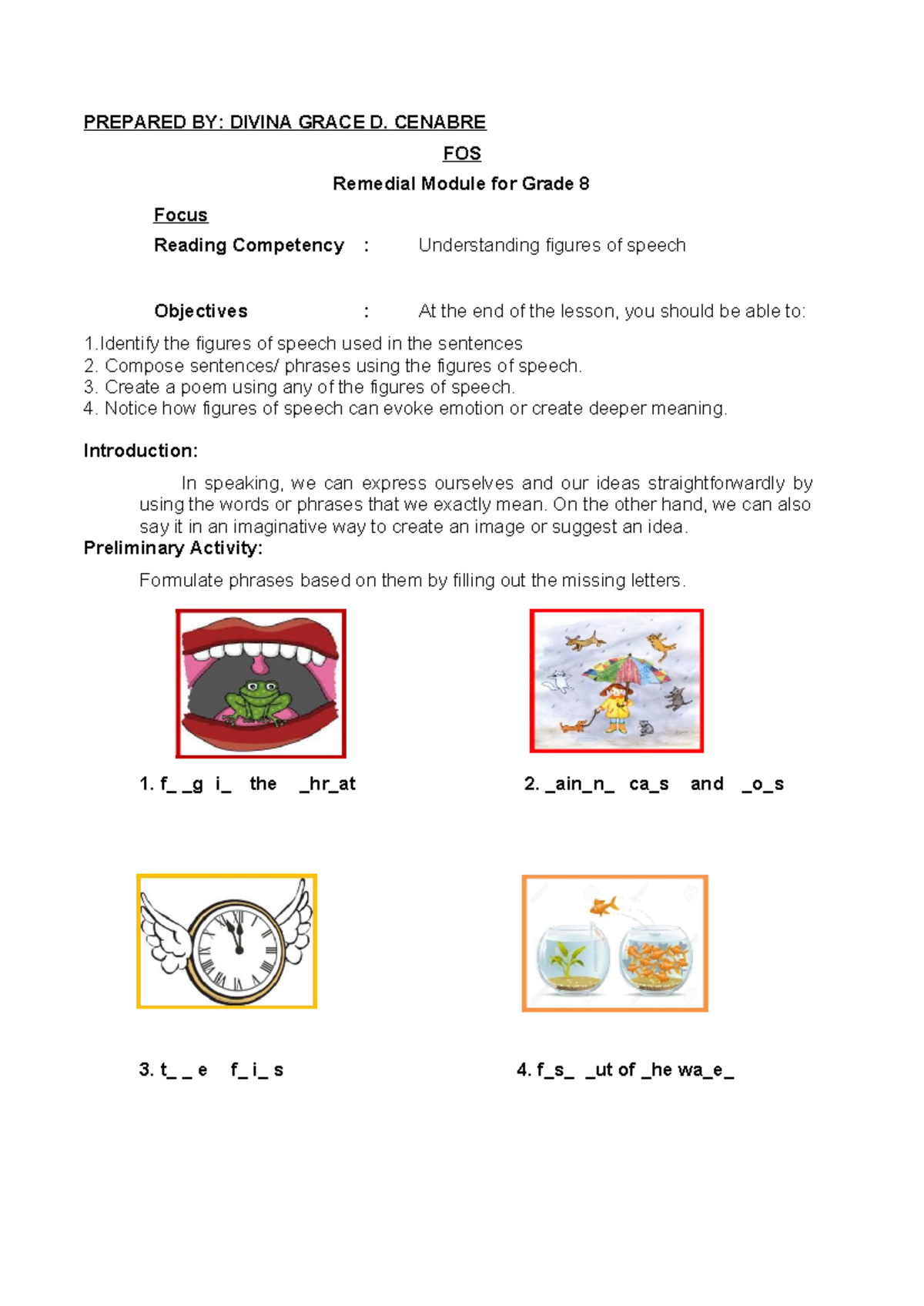 Figure of speech - Activity Sheet - PREPARED BY: DIVINA GRACE D ...