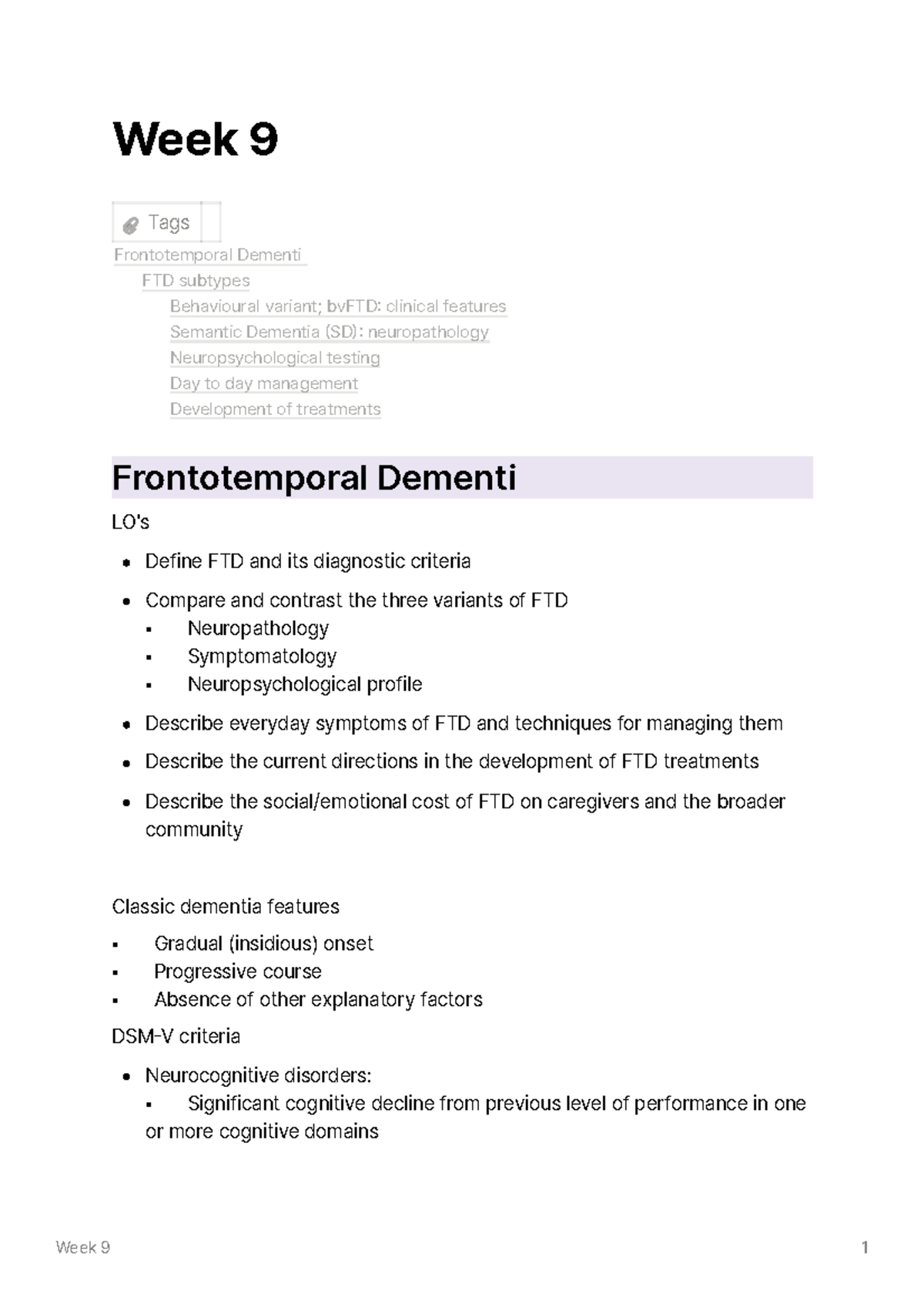 PSY3180 Week 9 notes frontotemporal dementia - Week 9 Tags ...