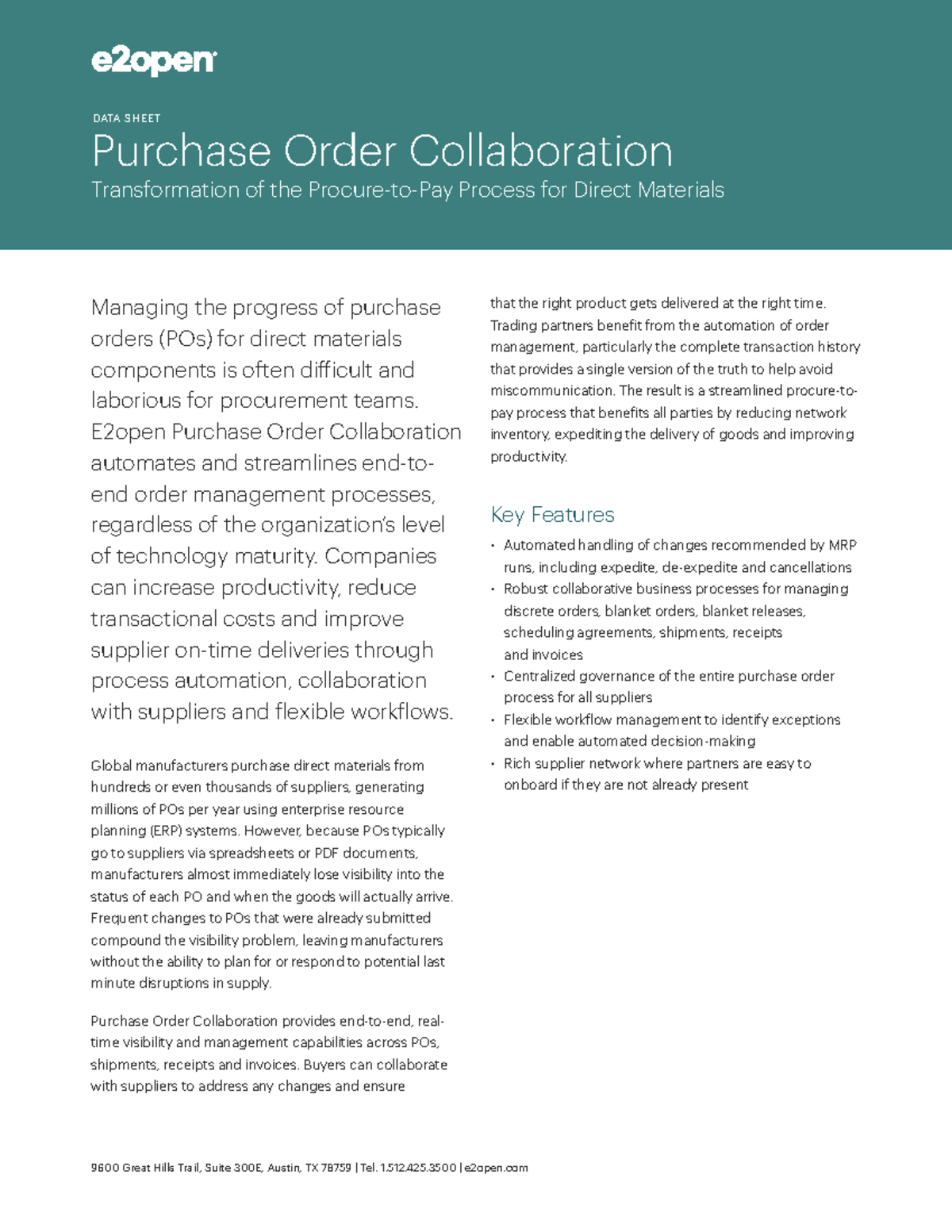 E2open Purchase Order Collaboration Data Sheet - 9600 Great Hills Trail ...