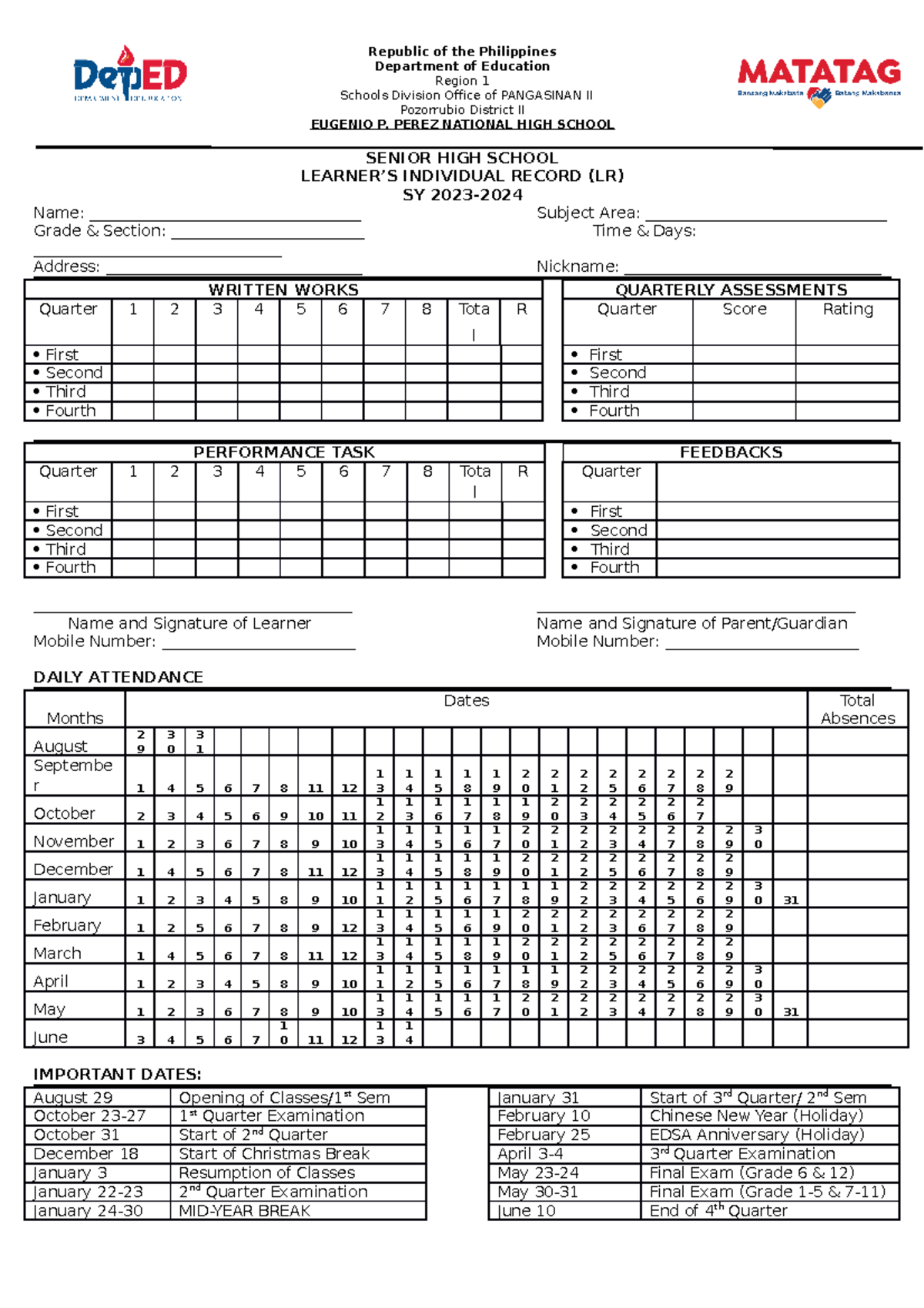 Individual Learner's Record (LR) - Republic of the Philippines Schools ...