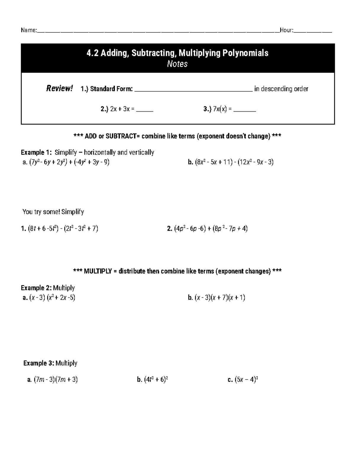 4.2 Combining Polynomials Notes & Practice Blank PDF - - Studocu