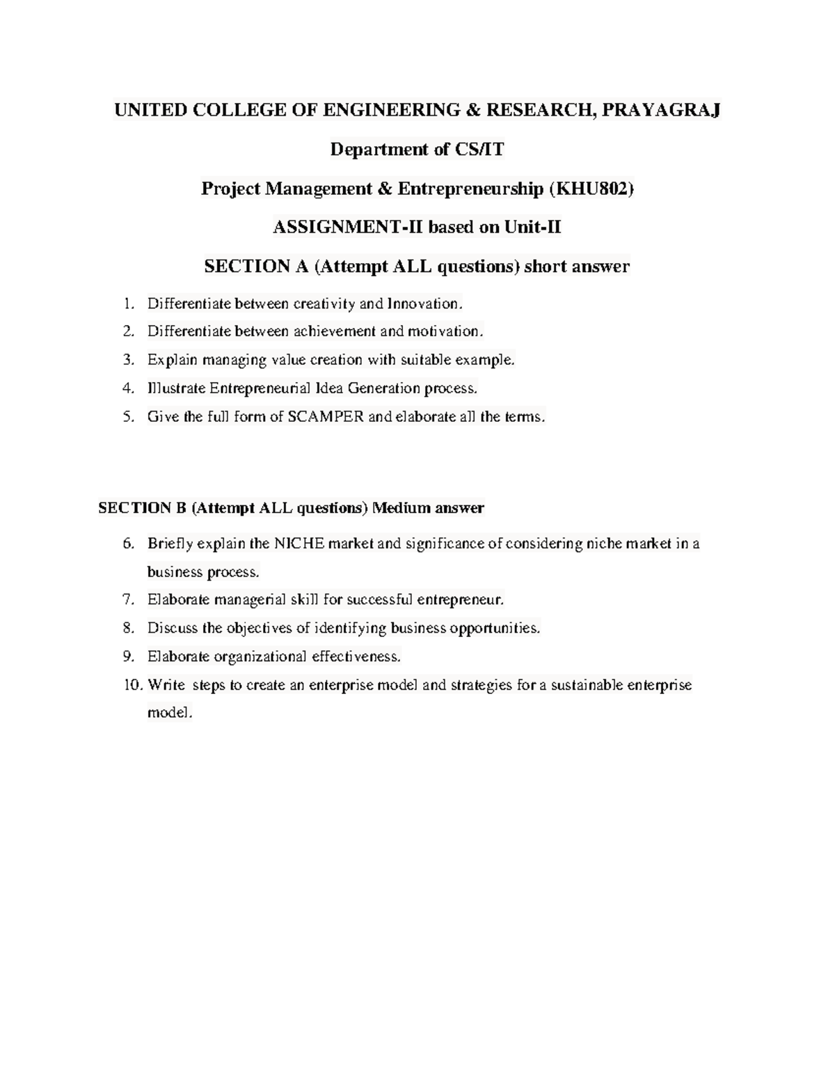 PME assignment II based on Unit-II - UNITED COLLEGE OF ENGINEERING & RESEARCH, PRAYAGRAJ - Studocu