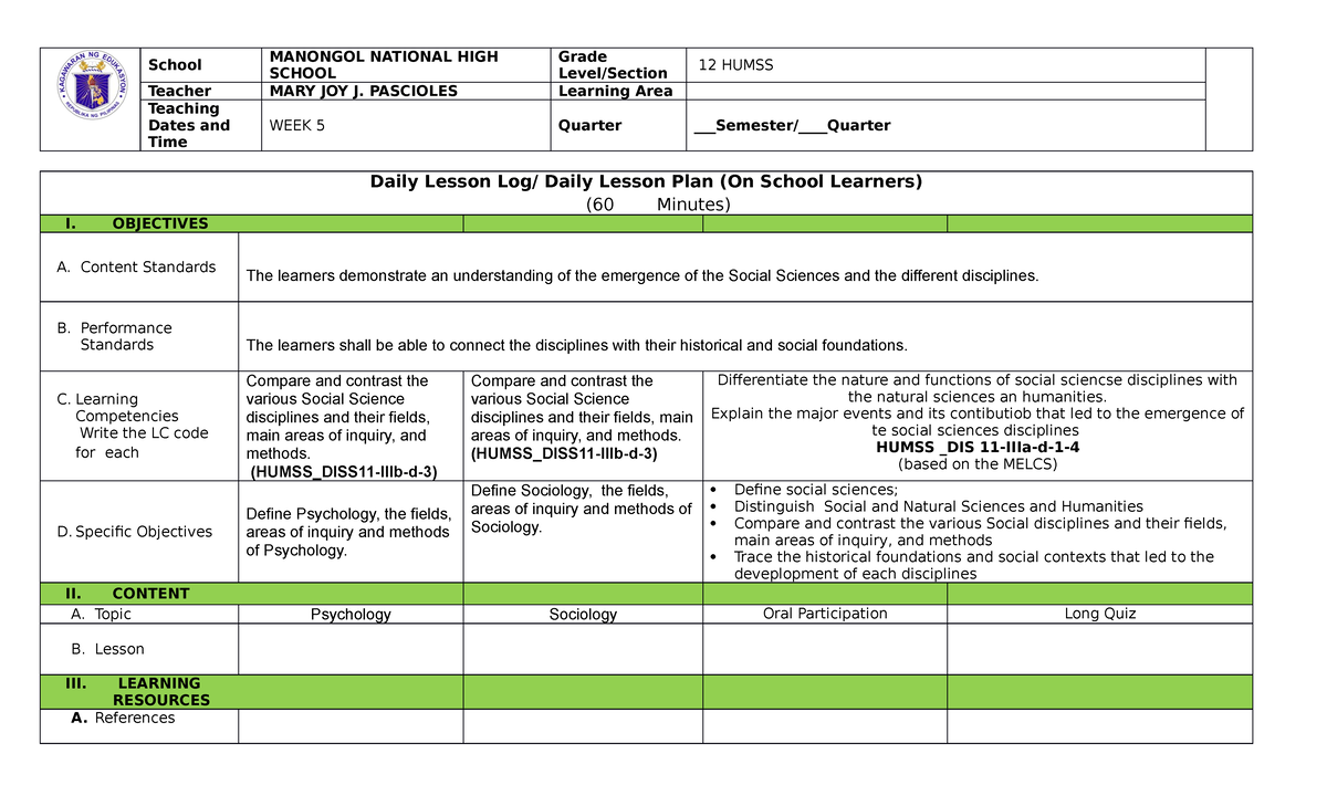 Weekly Blank Lesson PLAN - School MANONGOL NATIONAL HIGHSCHOOL ...