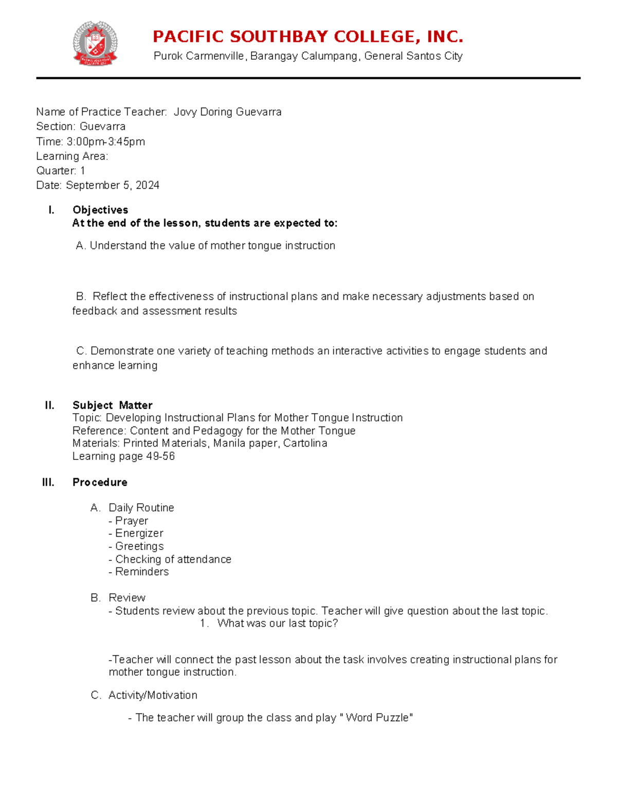 Lesson-Plan-example Guevarra (44) - PACIFIC SOUTHBAY COLLEGE, INC ...