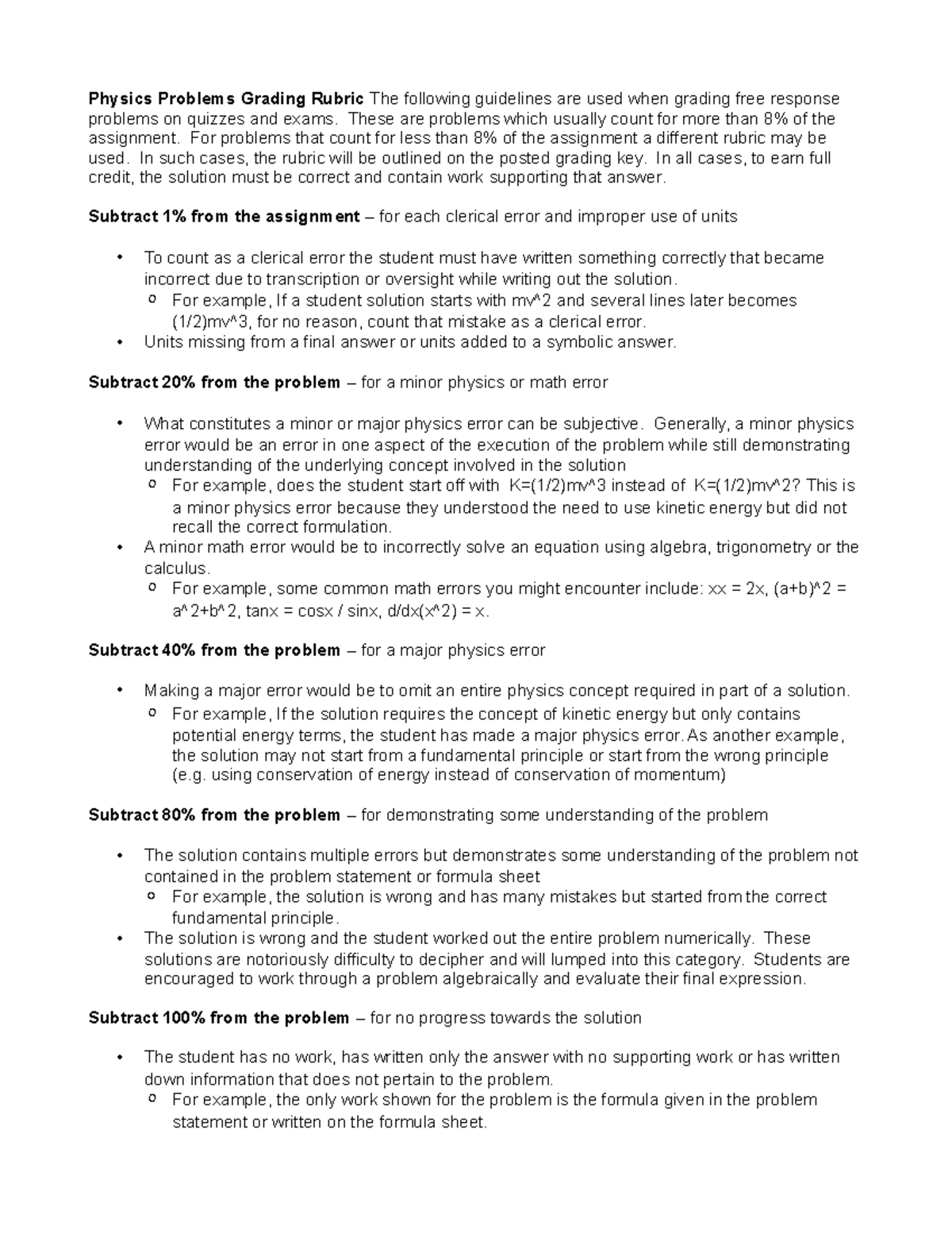 Exam Grading Rubric - fgdf - Physics Problems Grading Rubric The ...