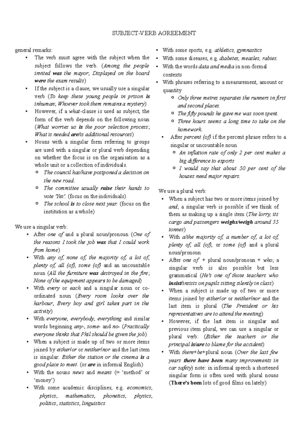 Class 12 - Subject-verb agreement - SUBJECT-VERB AGREEMENT general ...