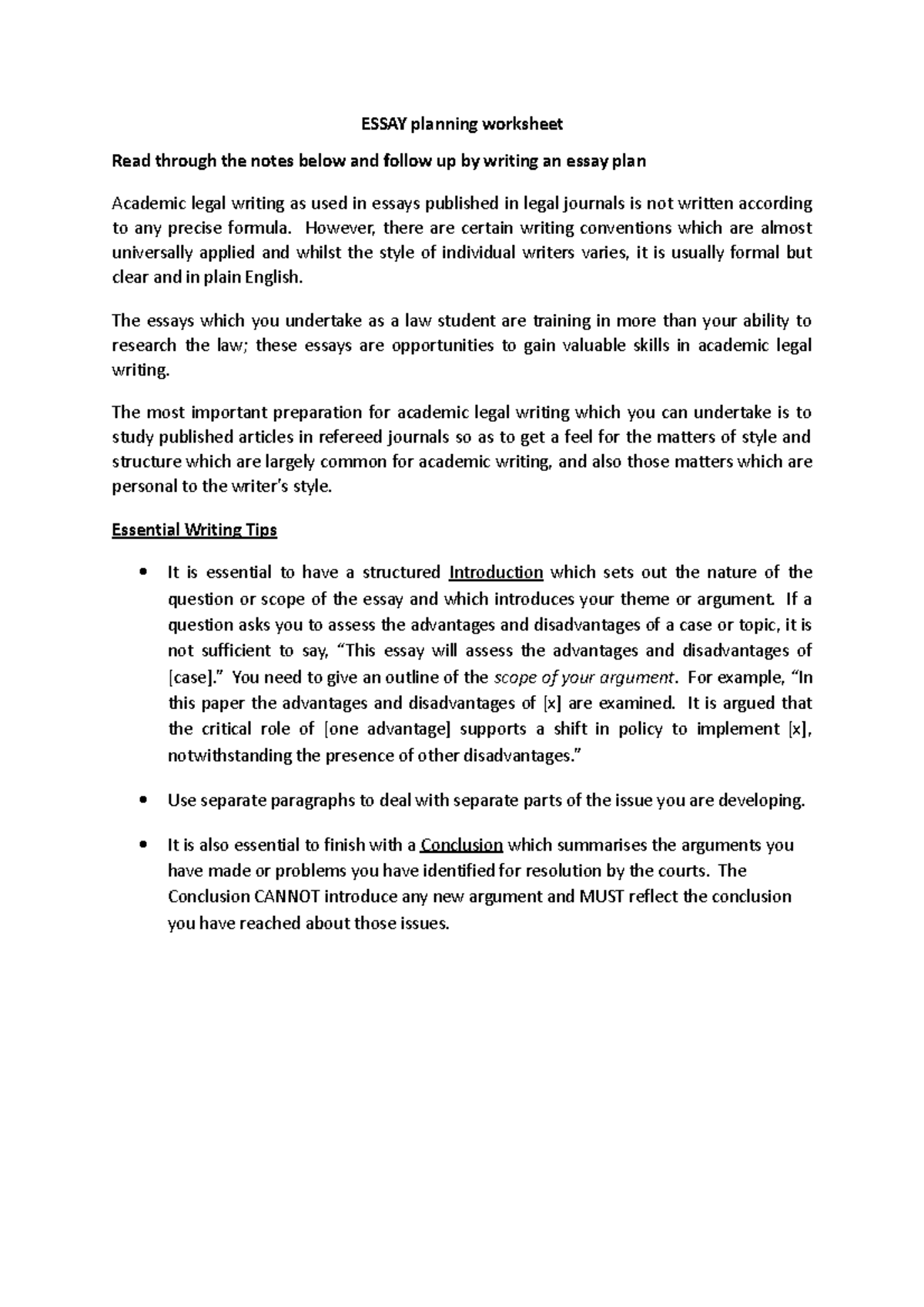 Essay planning worksheet - LAWS 1016 - UniSA - Studocu