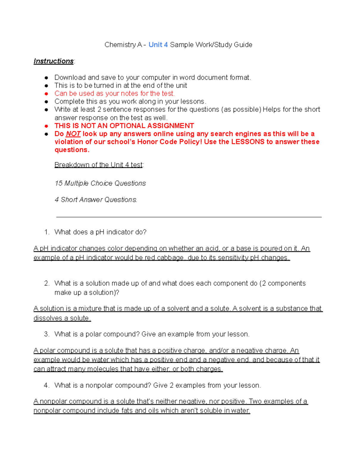 Chemistry 11 Unit 4 Study Guide - Chemistry A - Unit 4 Sample Work ...