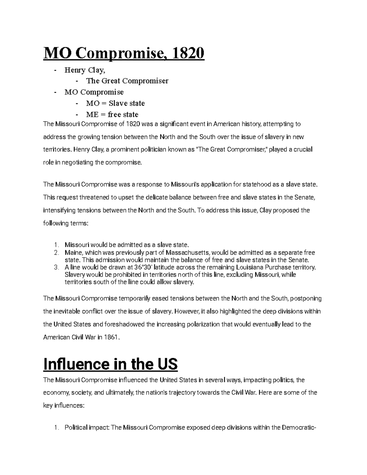 MO Compromise, 1820 how it influenced the US Key questions - MO ...