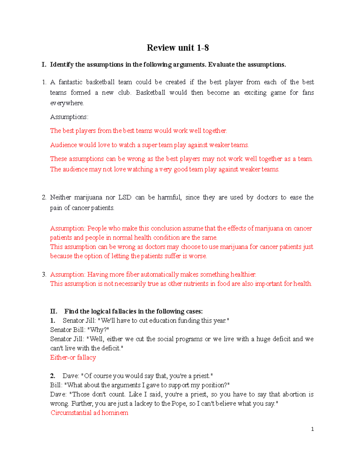 Review Fallacies Key - Review unit 1- I. Identify the assumptions in ...