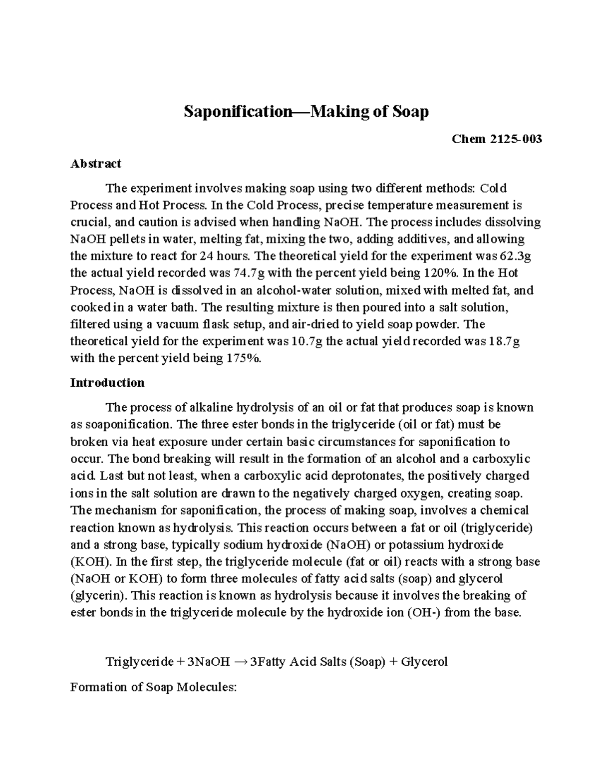 Soap Lab Report 10 - Saponification—Making of Soap Chem 2125- Abstract ...