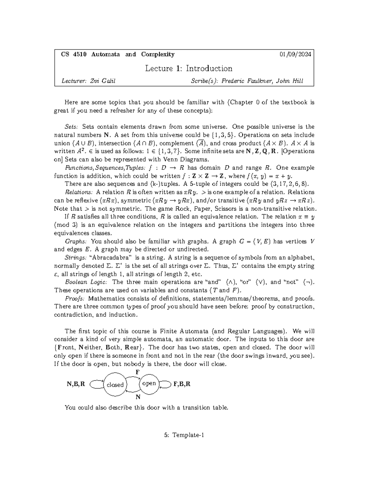Lecture 1 - CS 4510 Automata and Complexity 01/09/ Lecture 1: Introduction Lecturer: Zvi Galil ...