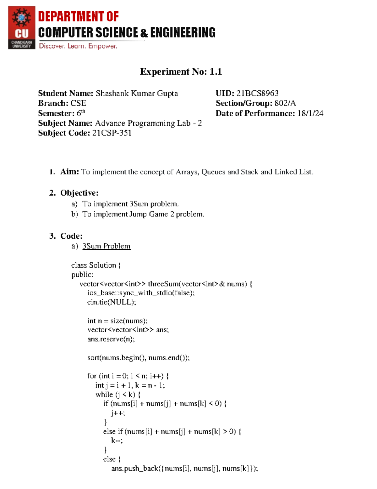 Exp1 Advance Programming Lab Exps Department Of Computer Science And Engineering Experiment 