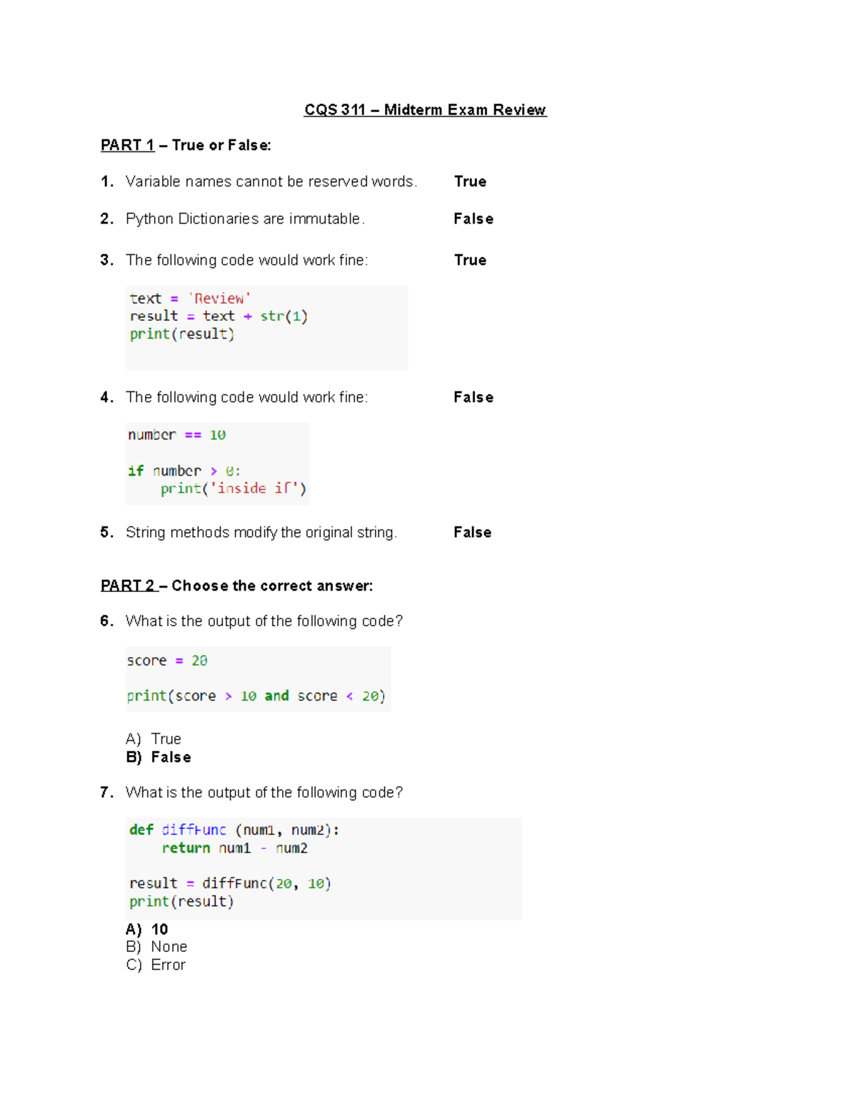 CQS 311 - Midterm Exam Review - Solution - CQS 311 – Midterm Exam ...