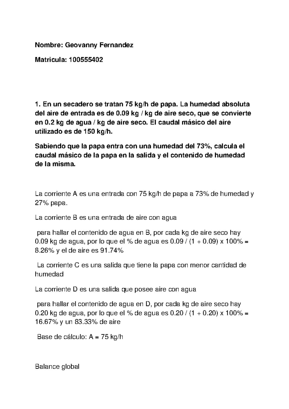 Ejercicios para revisar Balance de materia-Geovanny Fernandez Matricula ...