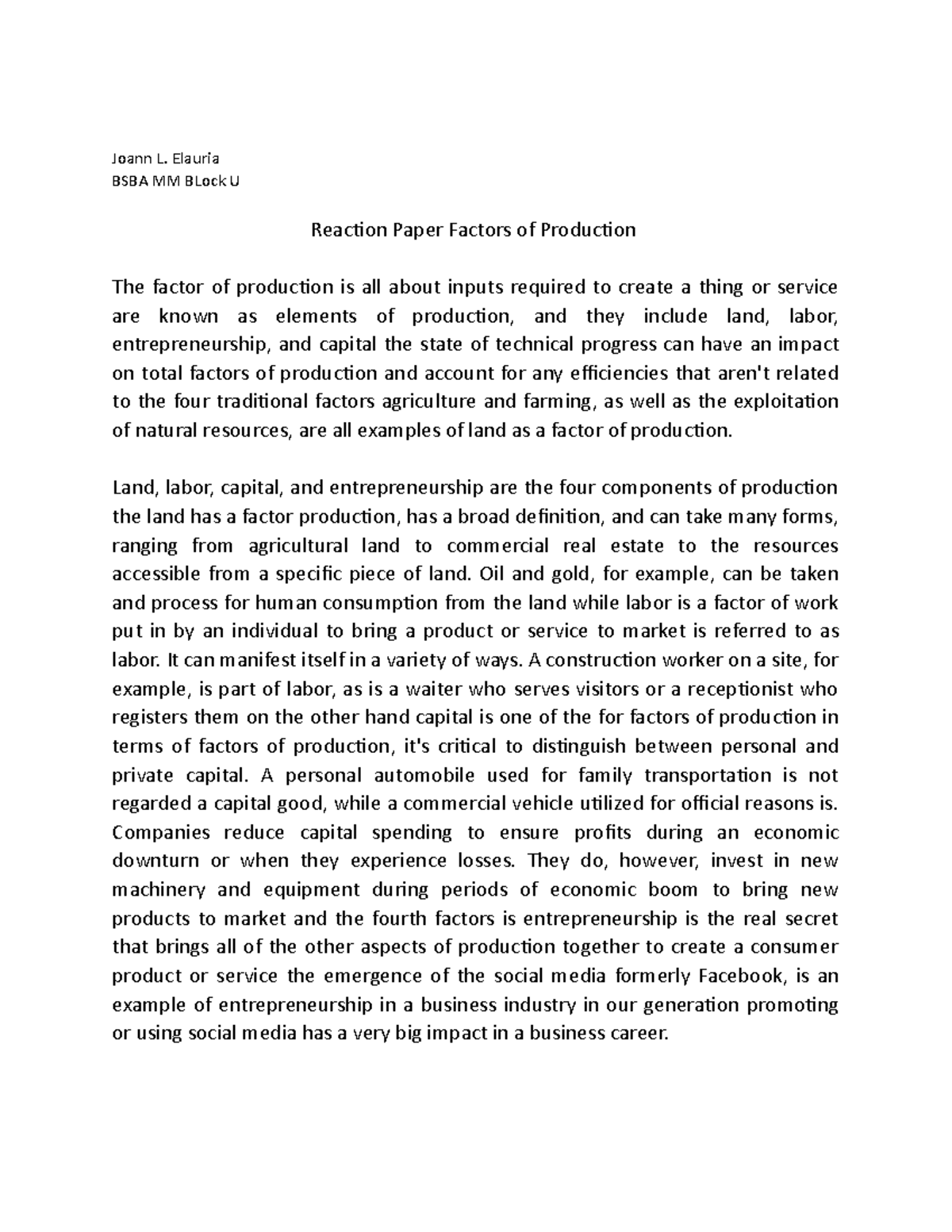 Reaction paper factors of production - Joann L. Elauria BSBA MM BLock U ...