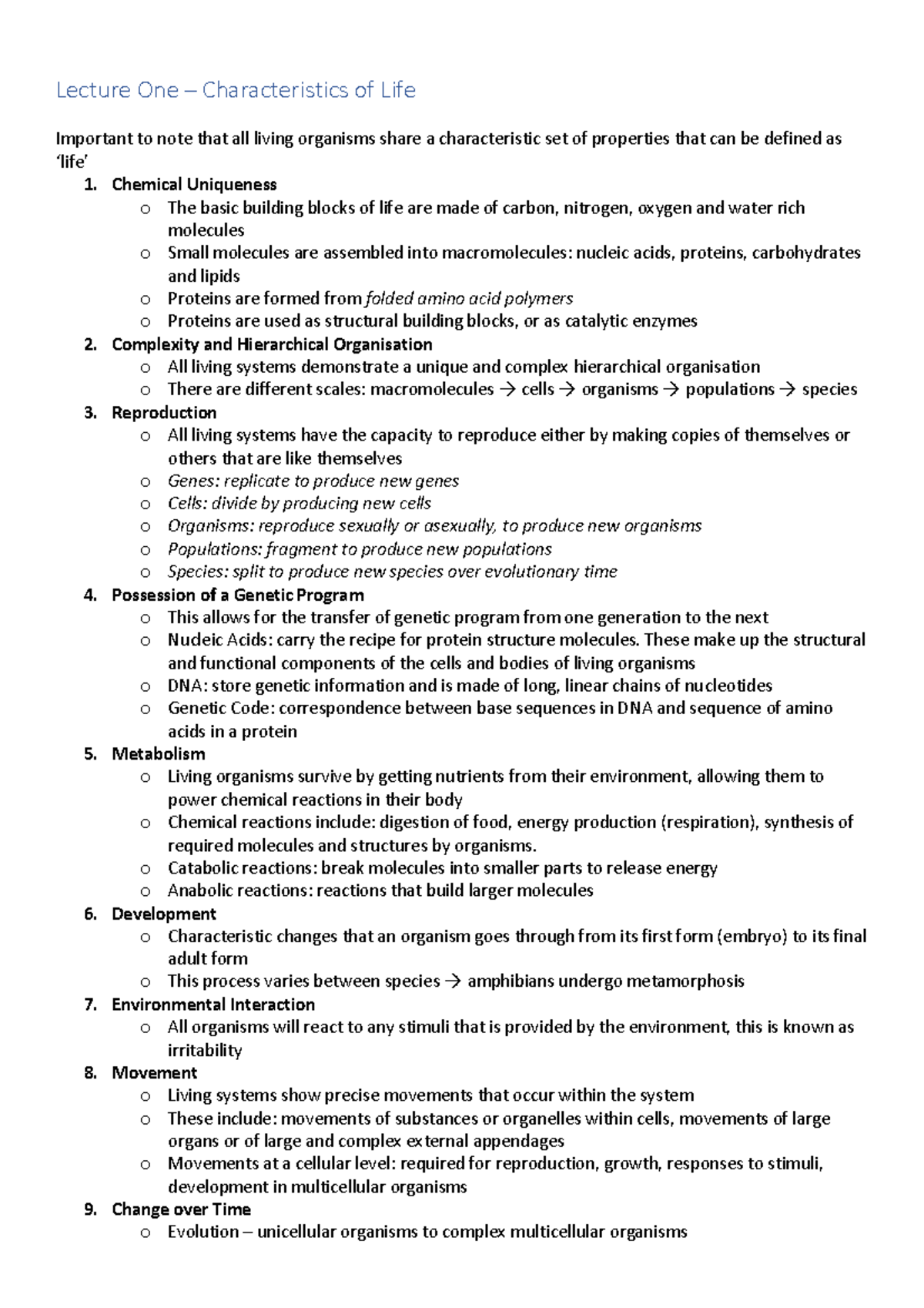 ANS102 Notes - Lecture One – Characteristics of Life Important to note ...