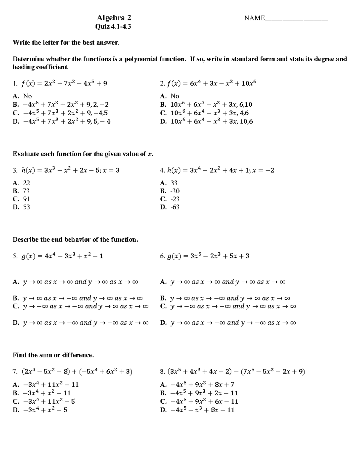 Quiz 4 - Ch 4 Quiz2 - Algebra 2 NAME__________________ Quiz 4-4. Write ...