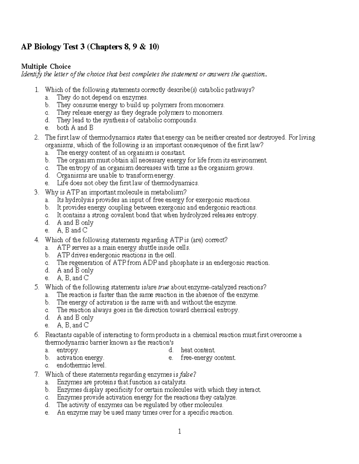 AP Biology Test 3 (Chapters 8 9 & 10) - AP Biology Test 3 (Chapters 8 ...