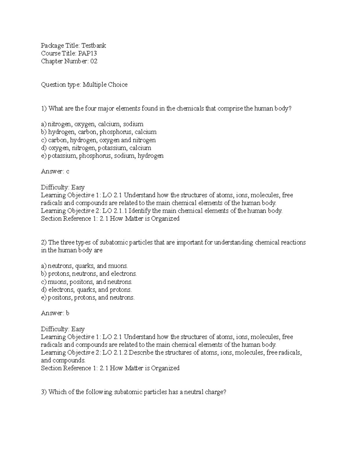 Ch02-1 - chapter 2 - Package Title: Testbank Course Title: PAP Chapter ...