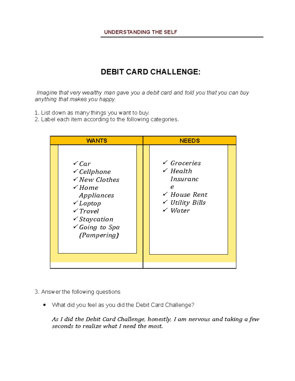 Values Education- Understanding SELF Activity 02 - UNDERSTANDING THE ...