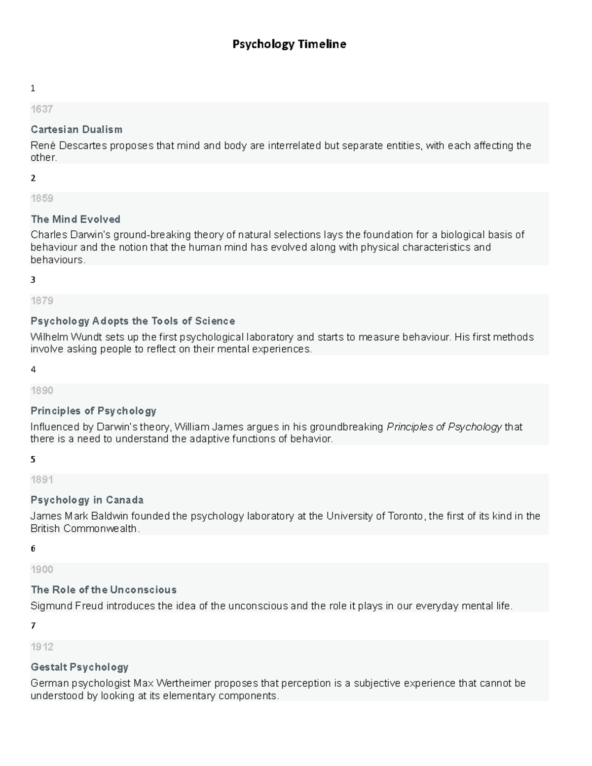 Psychology Timeline - Psychology Timeline 1 1637 Cartesian Dualism René ...