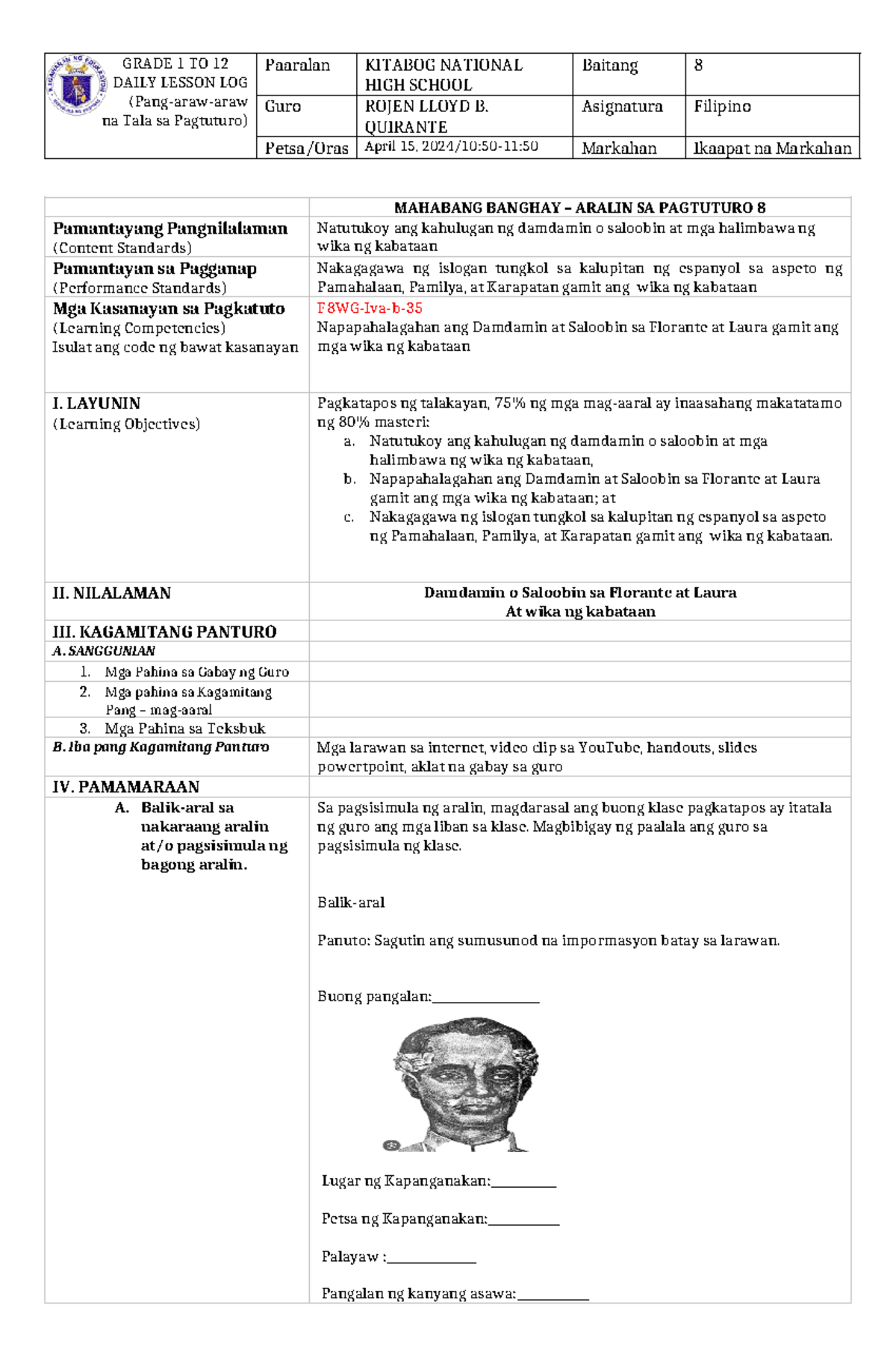 Lesson plan Florante at Laura - GRADE 1 TO 12 DAILY LESSON LOG (Pang ...