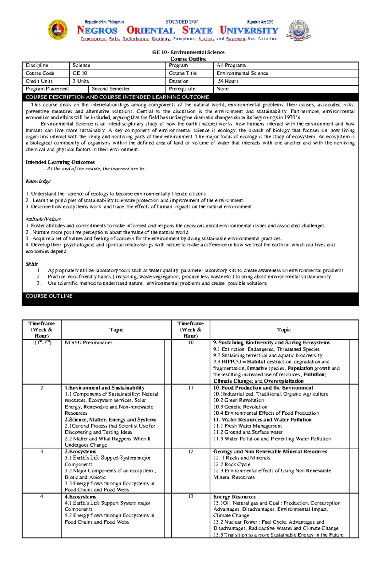 Course Outline GE 10 - ..,...... - GE 10- Environmental Science Course ...