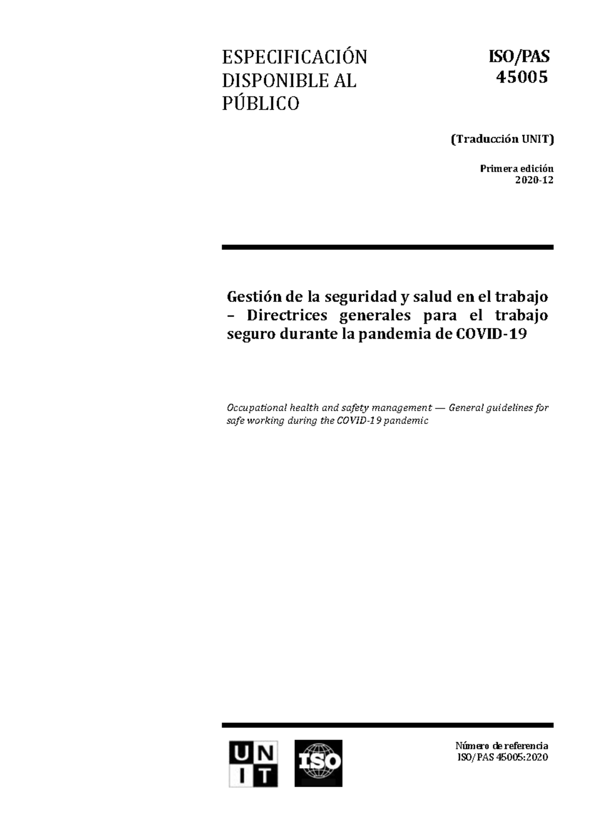 Norma ISO 45005 2020 - Número de referencia ISO/PAS 45005 ...