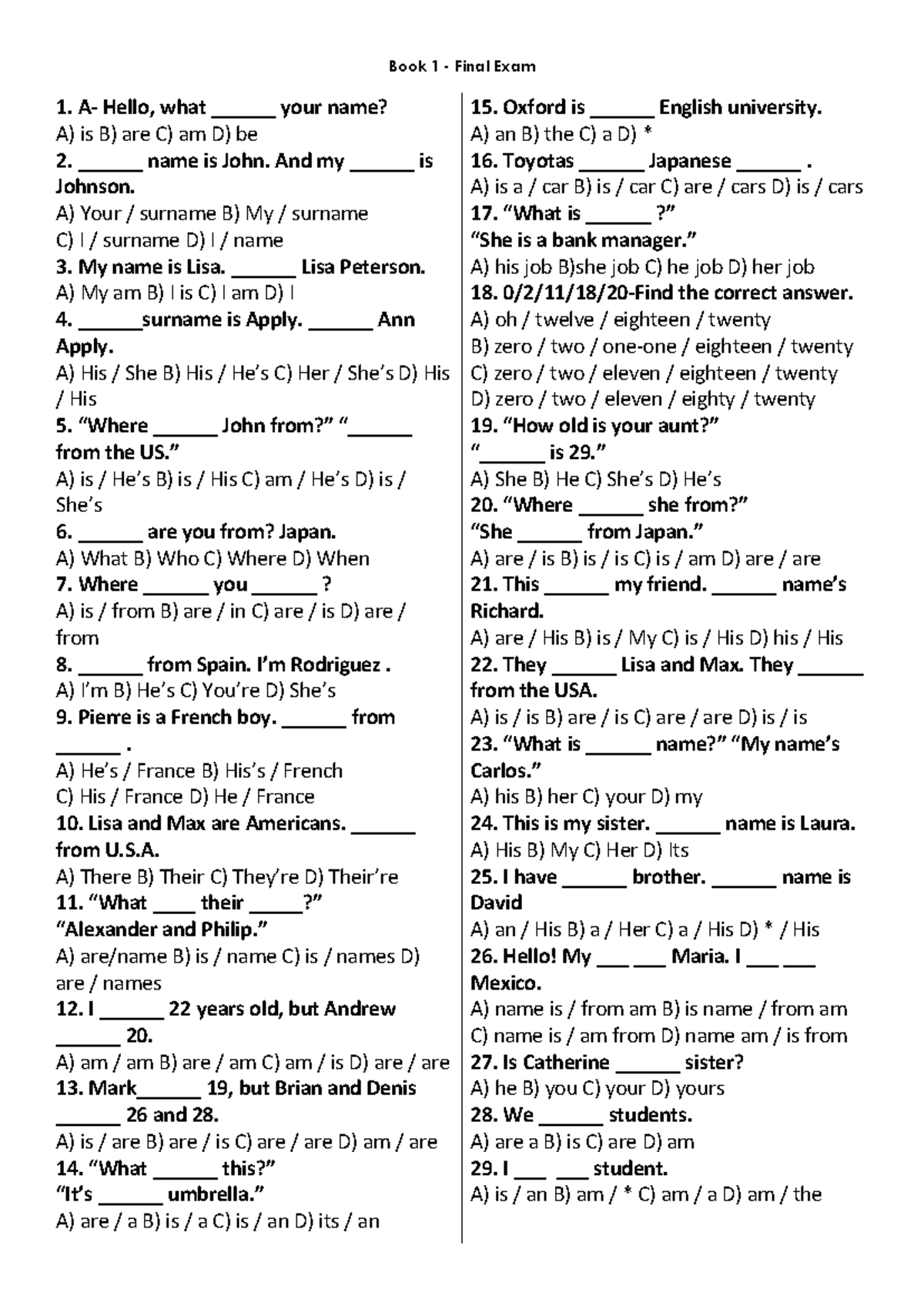 Direct Book 1 Final - Tests - Book 1 - Final Exam A- Hello, what ...