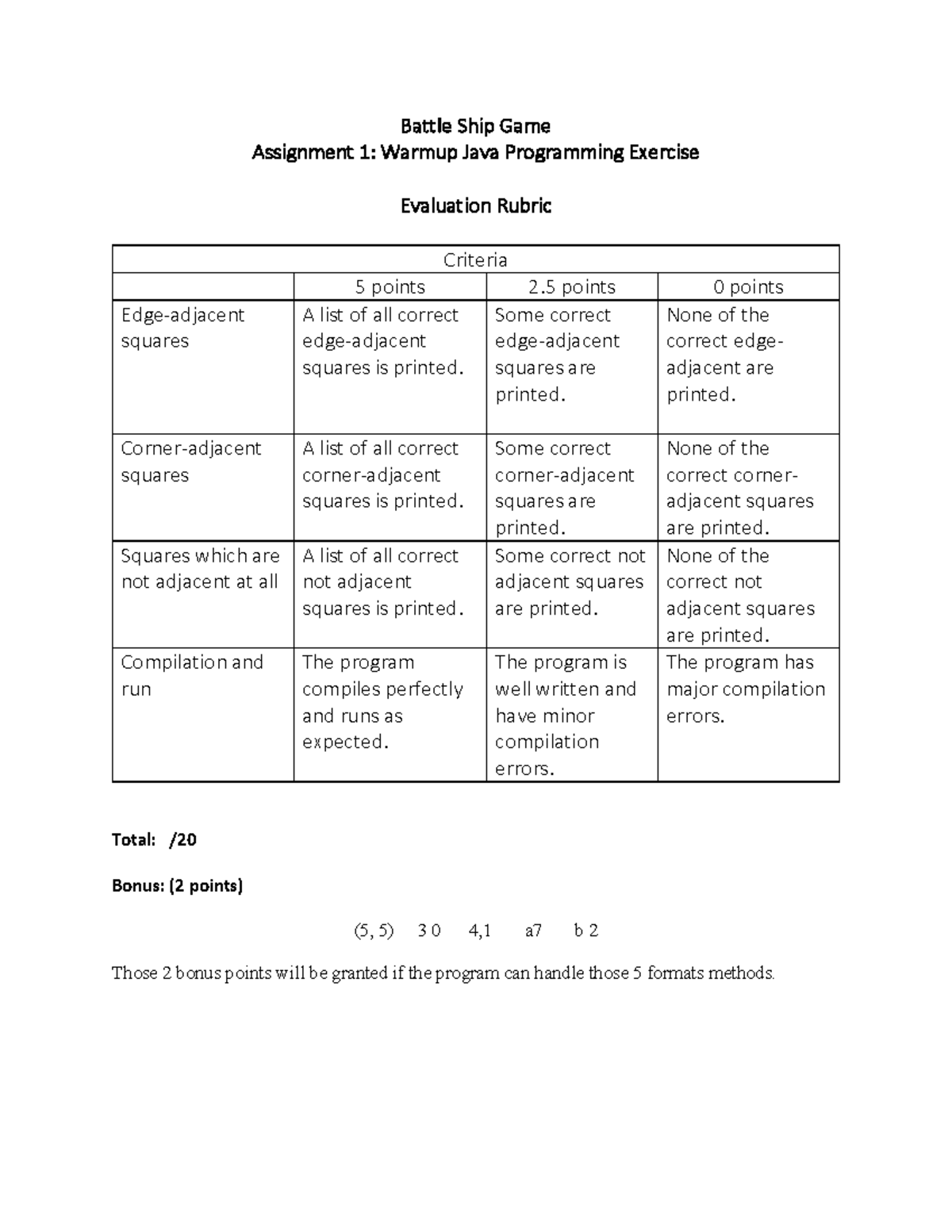 Evaluation Rubric - Battle Ship Game Assignment 1 : Warmup Java Programming Exercise Evaluation ...