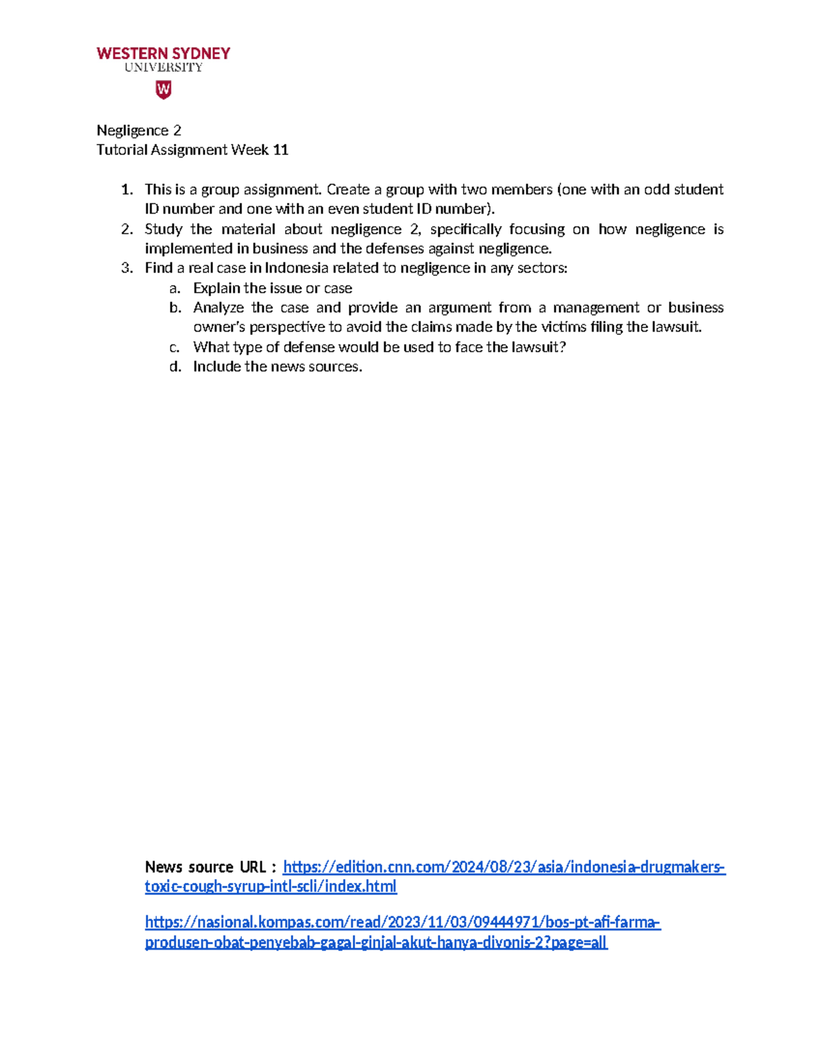 WEEK 11 - Enterprise Law - Group Tutorial - Negligence 2 Tutorial ...