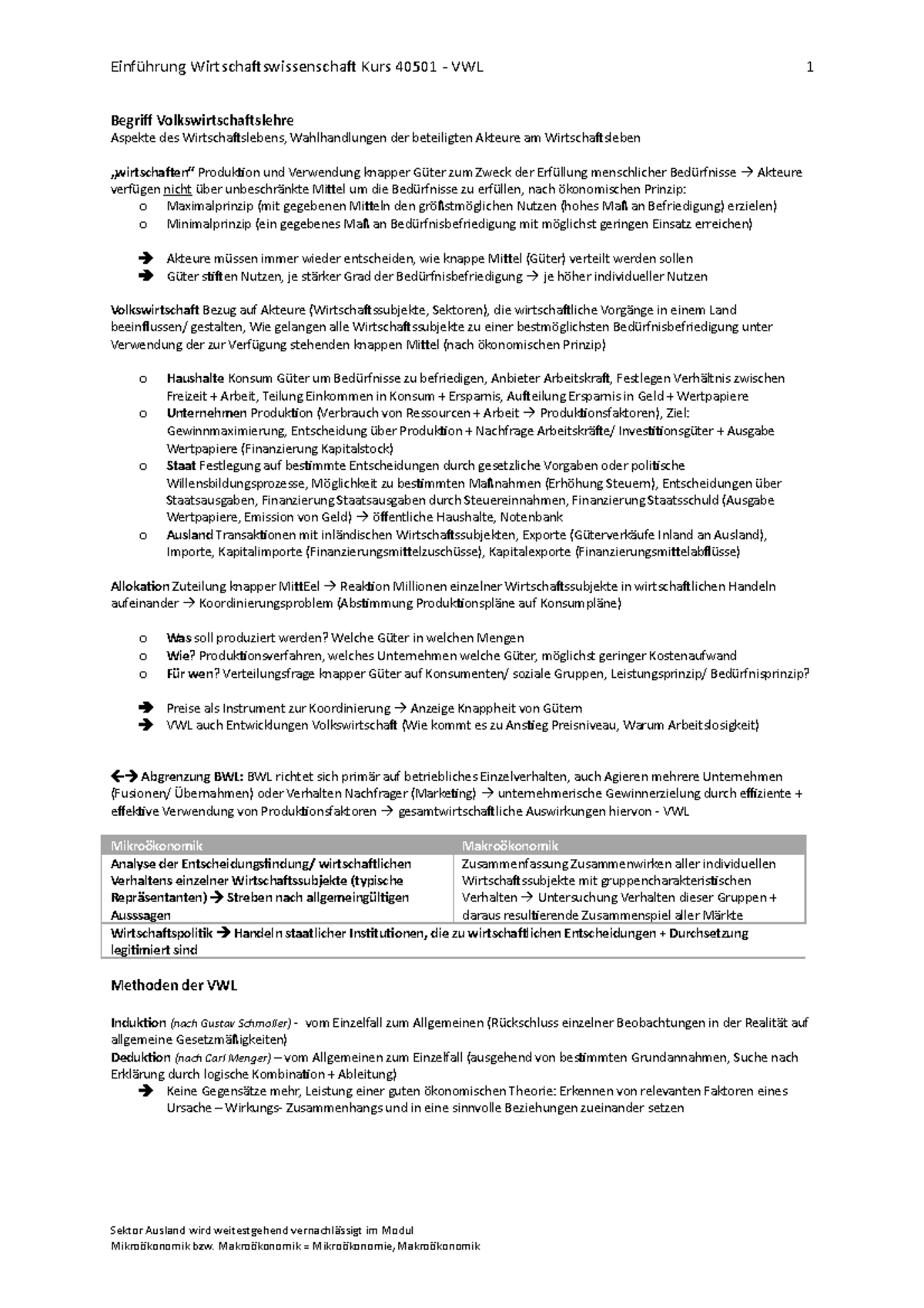 Skript VWL - Zusammenfassung Einführung in die Volkswirtschaftslehre ...