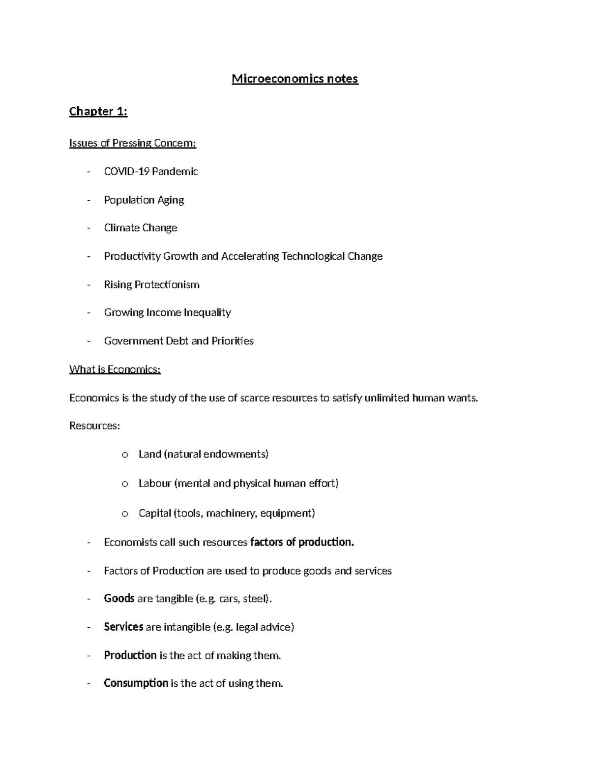 Microeconomics notes - Microeconomics notes Chapter 1: Issues of ...