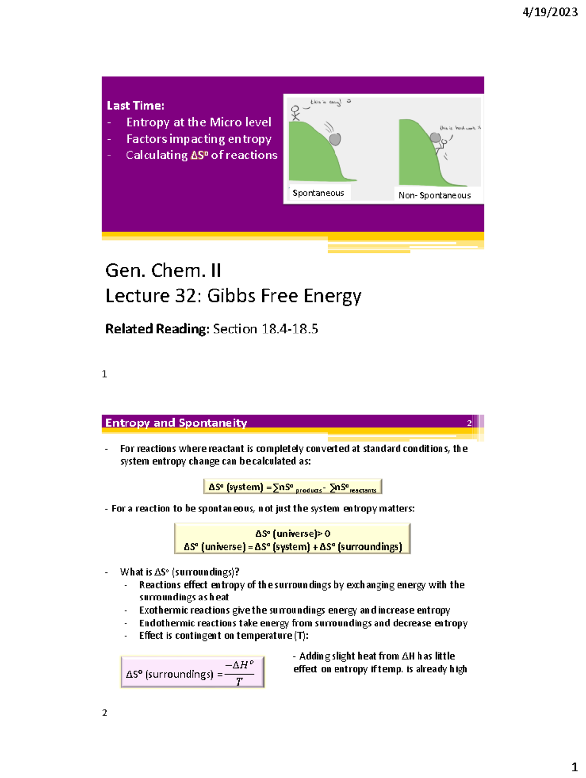 Lec32 Gibbs Free Energy - Gen. Chem. II Lecture 32: Gibbs Free Energy Related Reading: Section ...