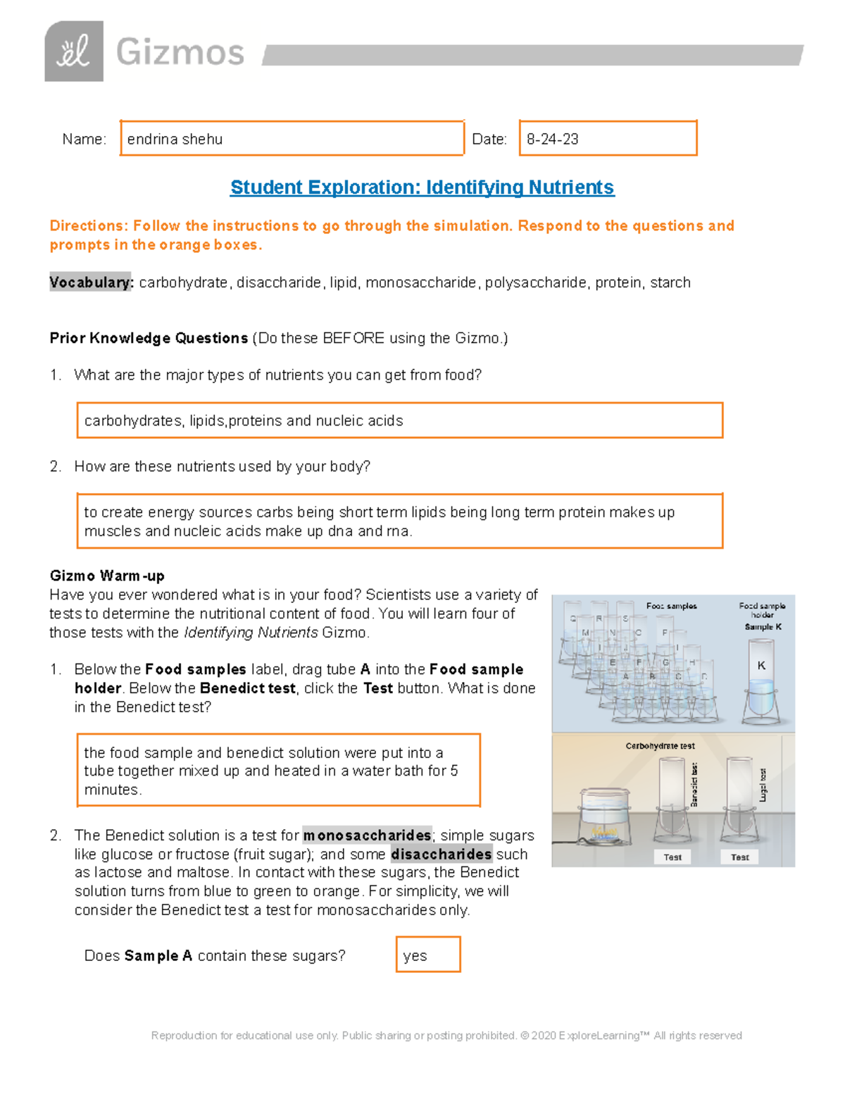 Gizmos Identifying Nutrients SE - Name: endrina shehu Date: 8-24 ...