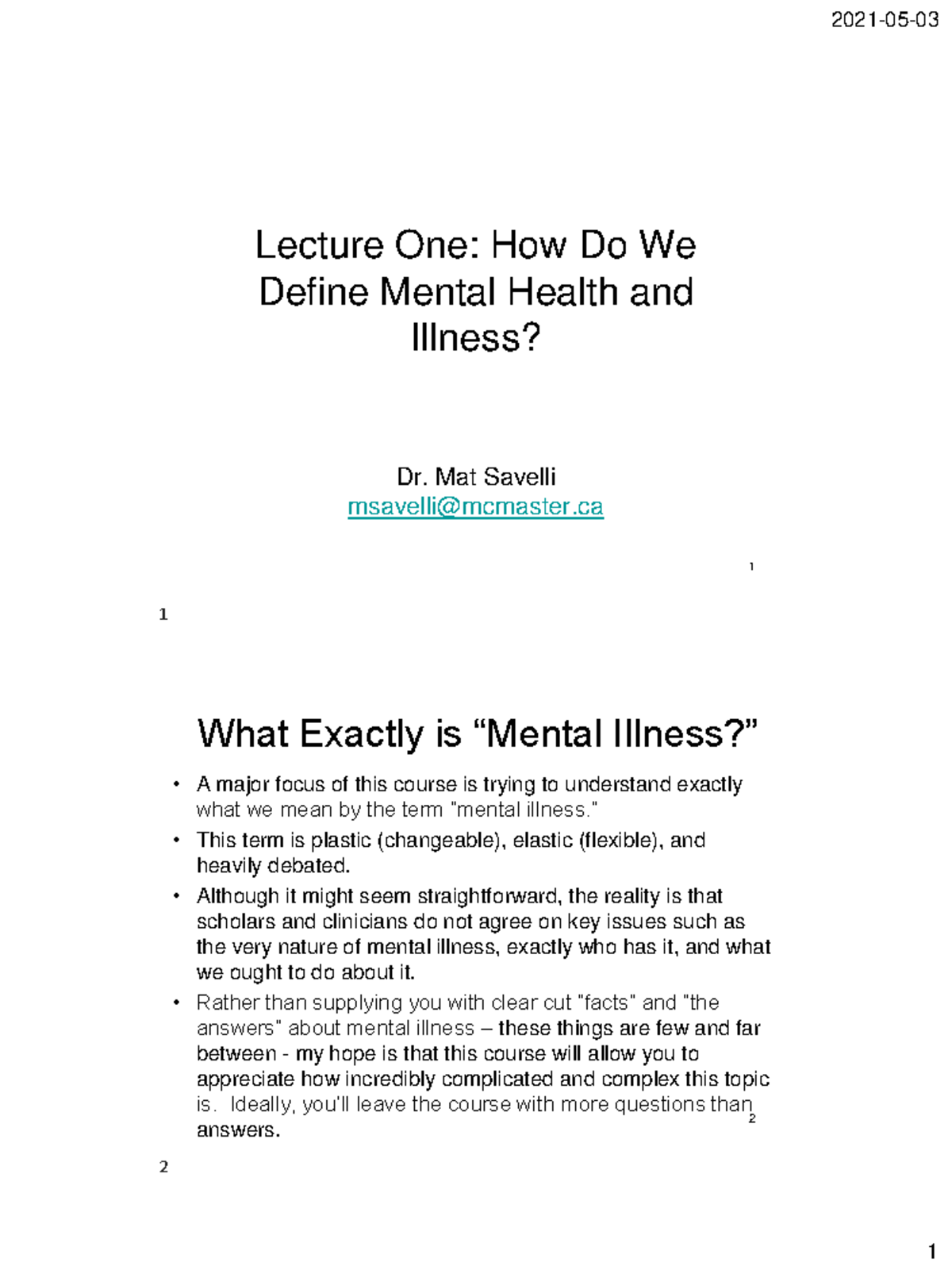 Lecture 1 - Mental Health and Mental Illness TWO Slides - Lecture One ...