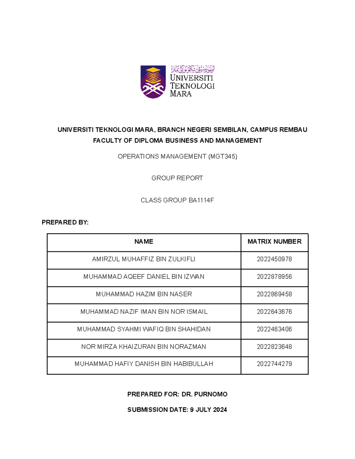 MGT345 Group 2 - Assignment - UNIVERSITI TEKNOLOGI MARA, BRANCH NEGERI ...