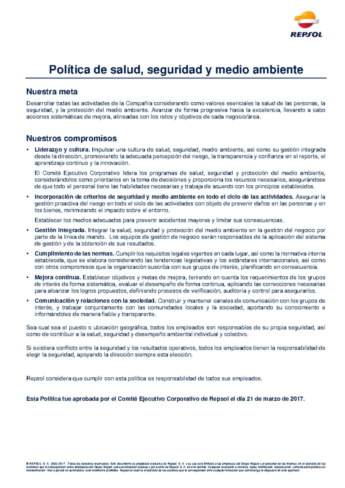 Politica salud seguridad medio ambiente es - Política de salud, seguridad y medio ambiente ...