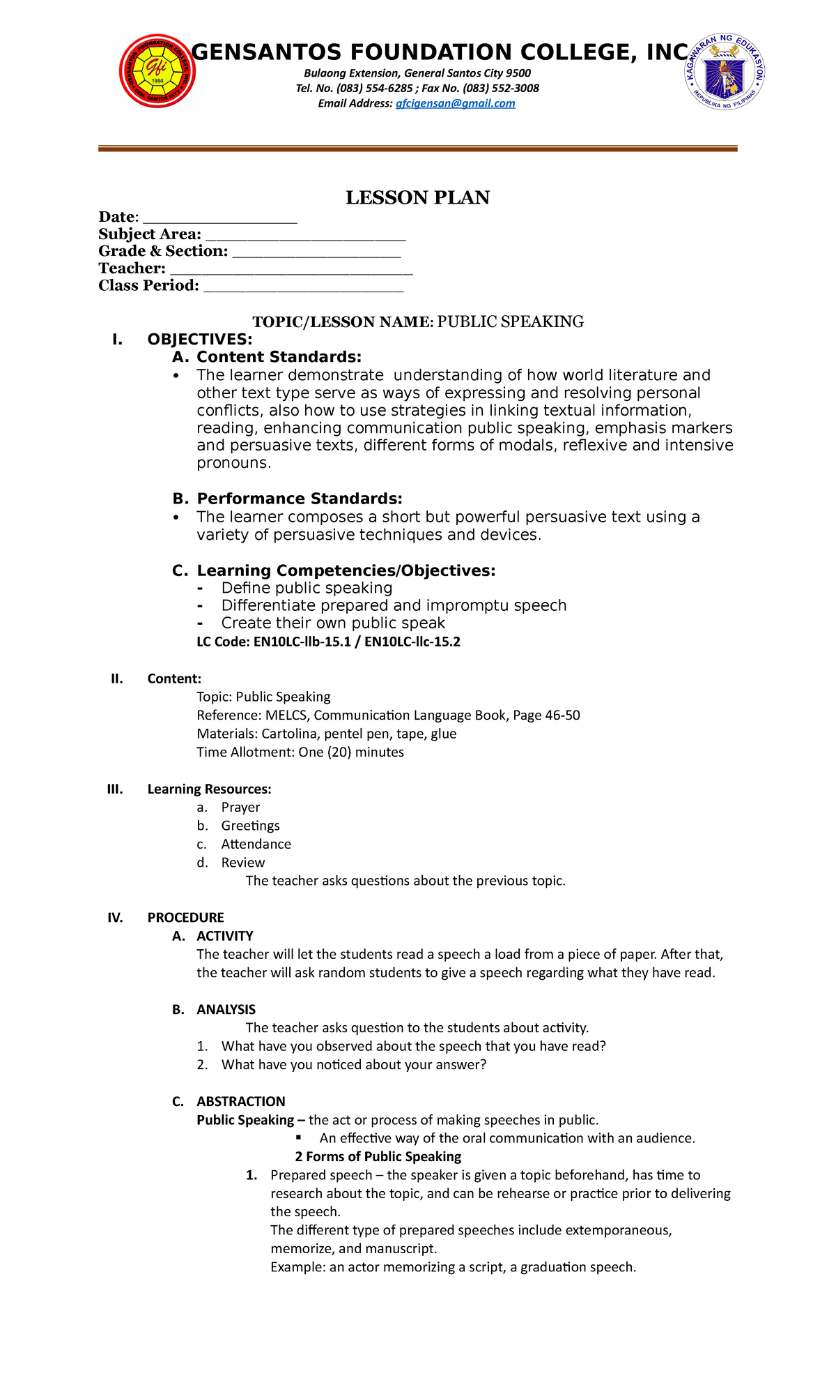 Lesson-PLAN-new in public speaking, 2022. Sample only - GENSANTOS ...