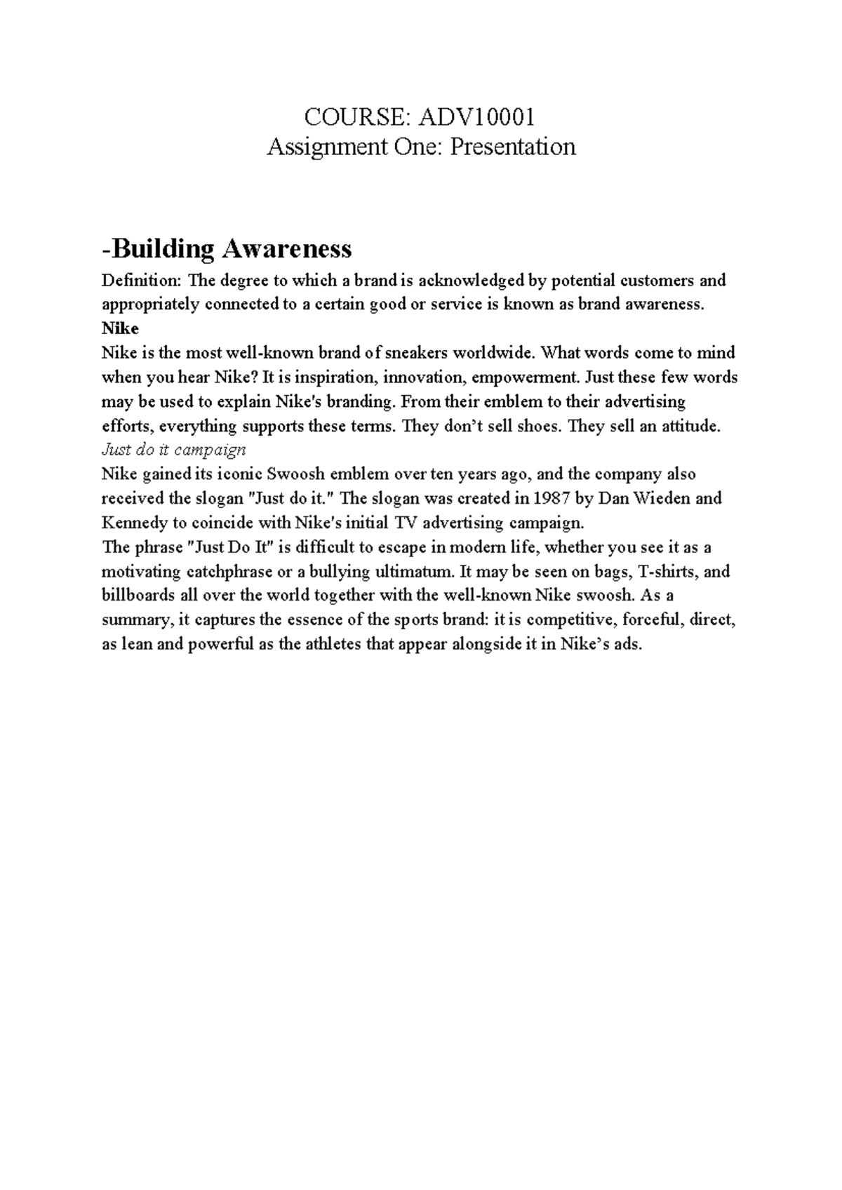 ADV10001 Assignment 1 - Discussion - COURSE: ADV Assignment One ...