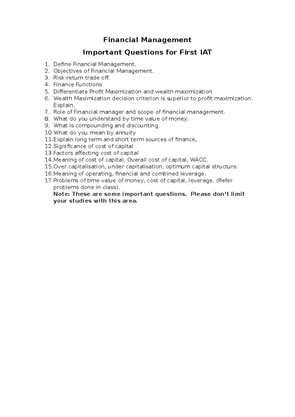 Financial Management important questions for first IAT - MG University ...