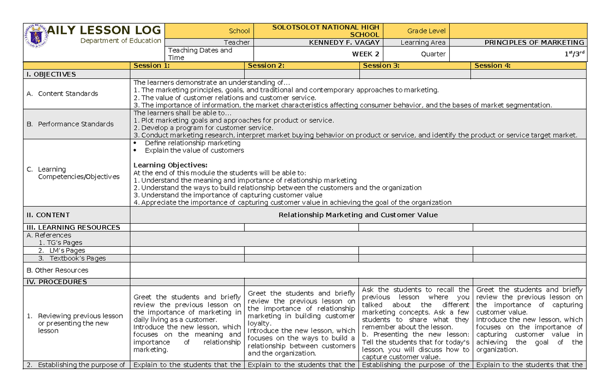 PM Quarter 1 WEEK 2 - DAILY LESSON - DAILY LESSON LOG Department of ...