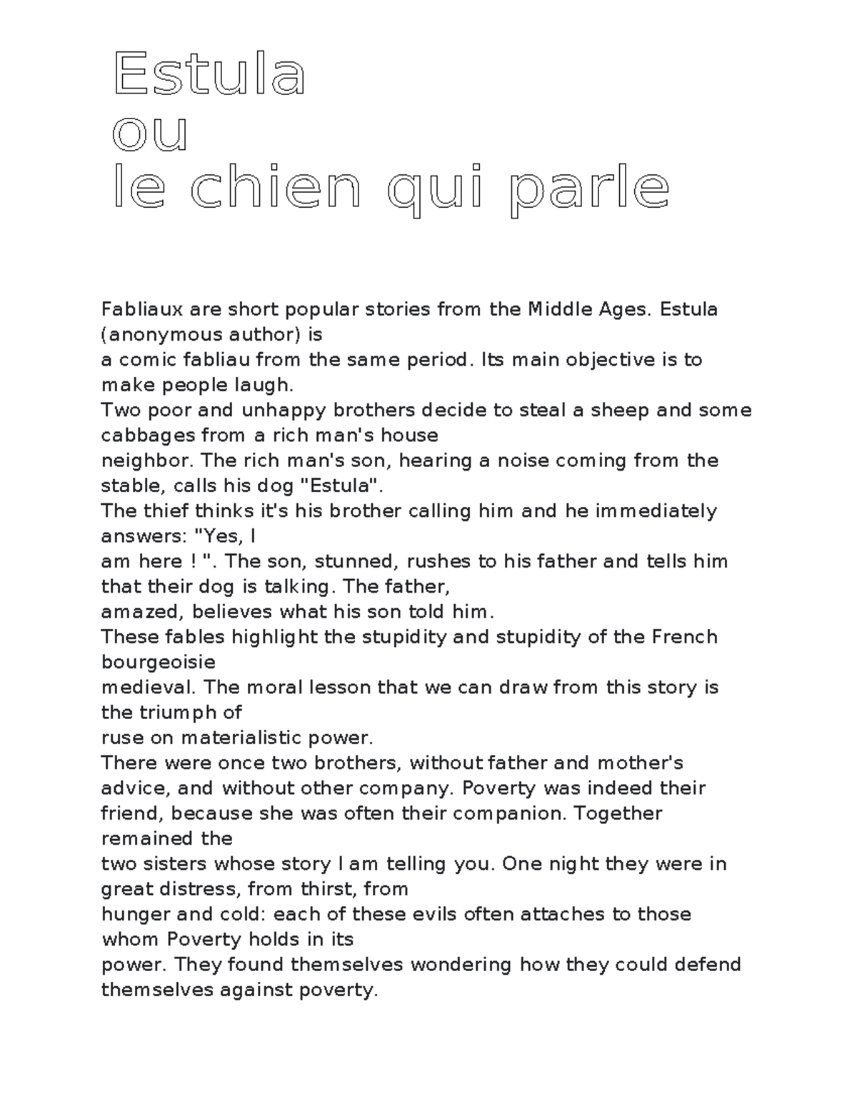 Estula - french story - Fabliaux are short popular stories from the ...