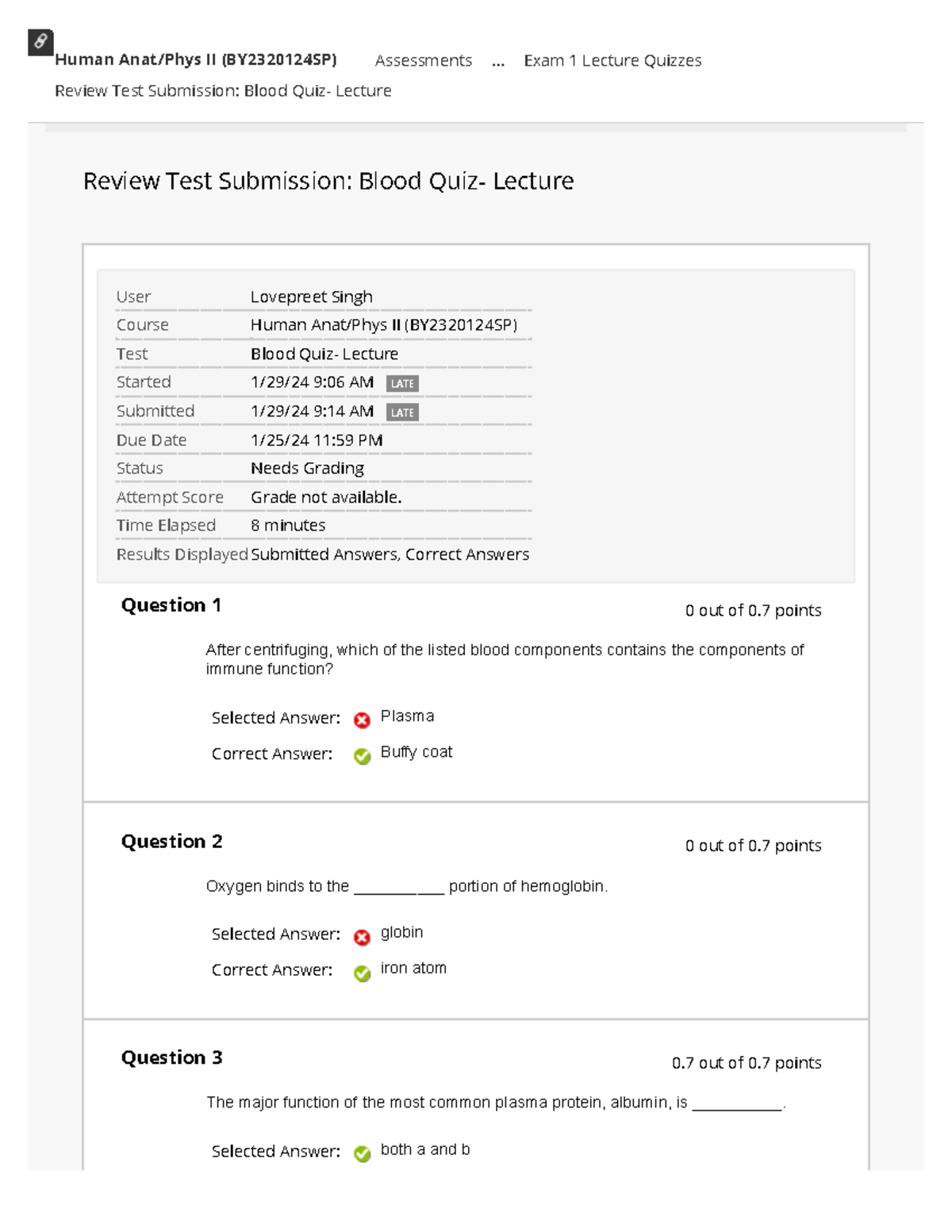 Blood Quiz 1 - Review Test Submission: Blood Quiz- Lecture Human Anat ...
