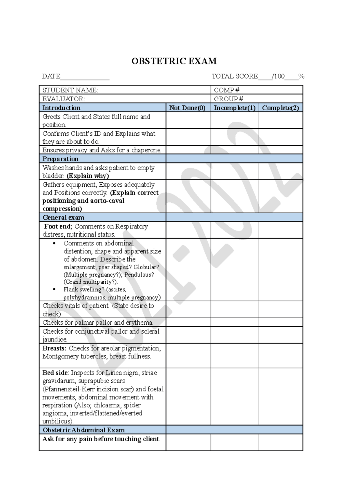 12. Obs Exam Rubric - Practice materials for obs and gyn osce exam ...