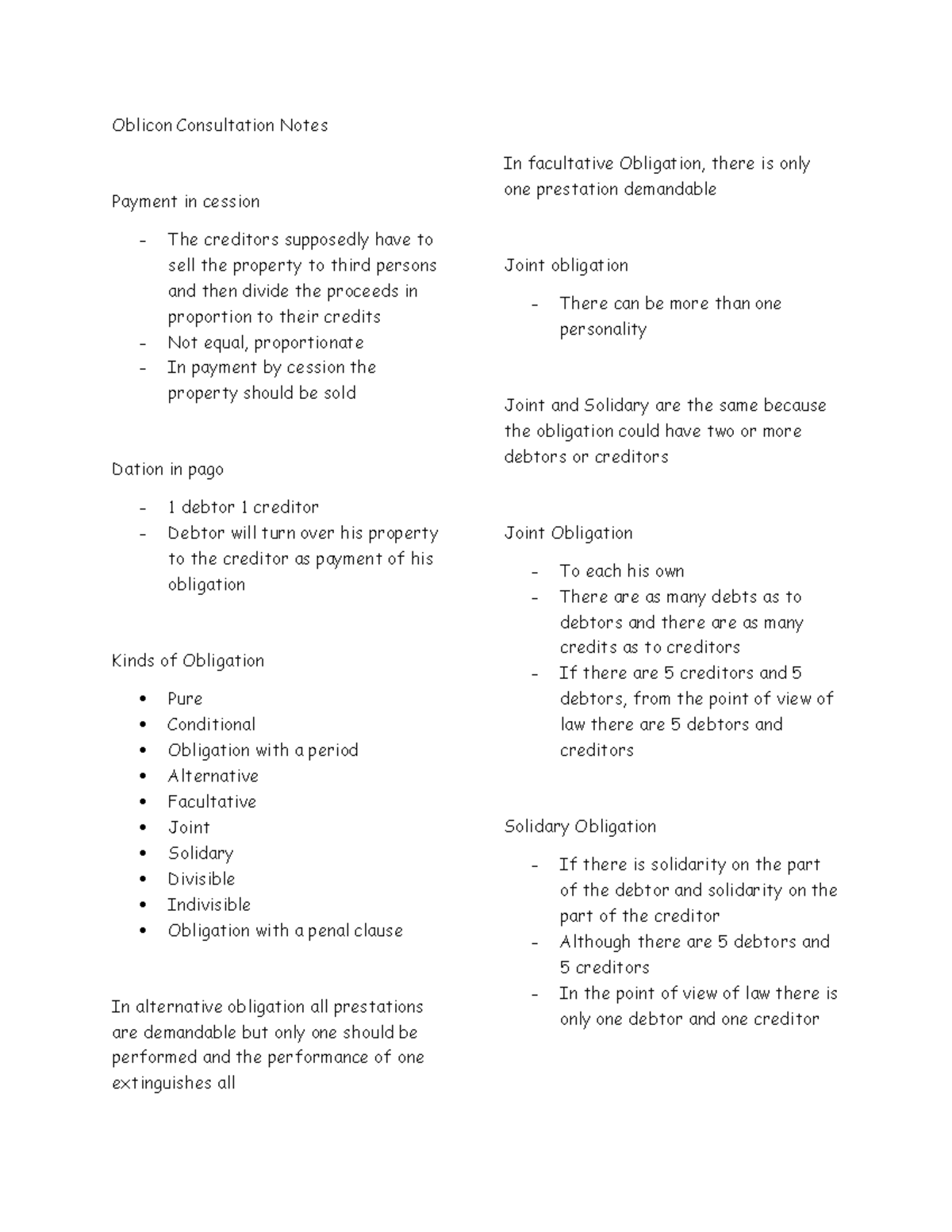 Oblicon Notes for studying - Oblicon Consultation Notes Payment in ...